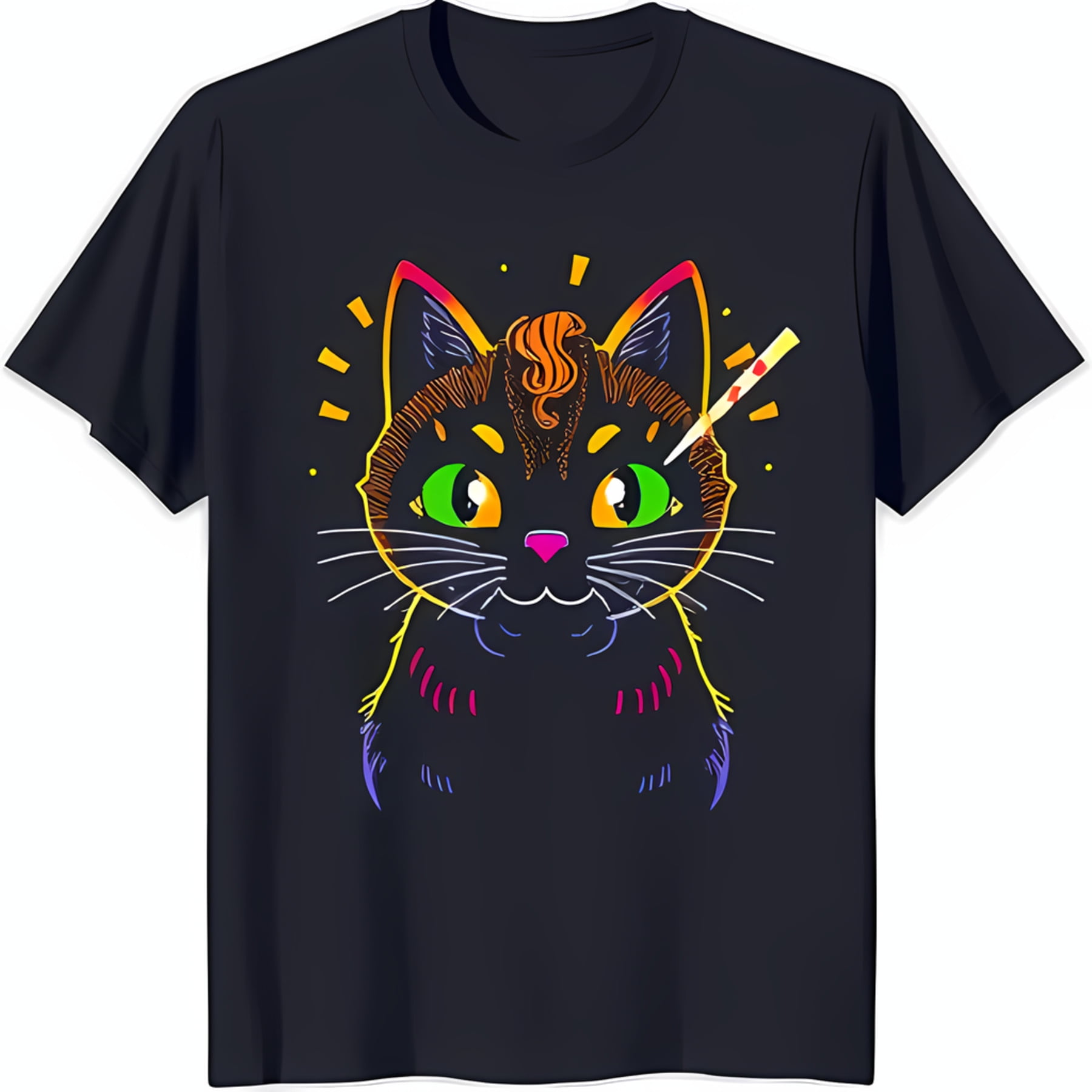 Colorful Cartoon Cat T-Shirt with Spiky & Playful Expression Black Neck ...
