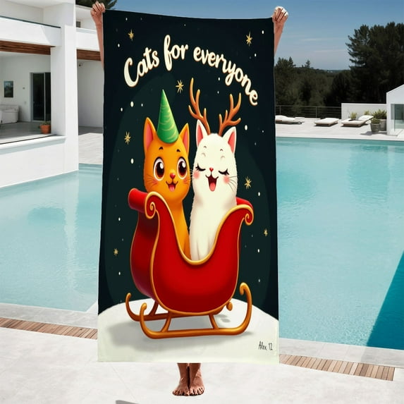 Colorful Cartoon Cats Beach Towel - Fun Sleigh Design with Stars ...