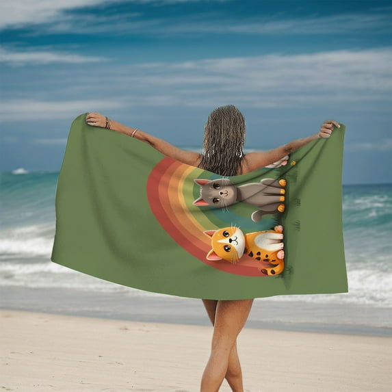 Colorful Cartoon Cats Beach Towel - Vibrant Rainbow Design with Orange ...