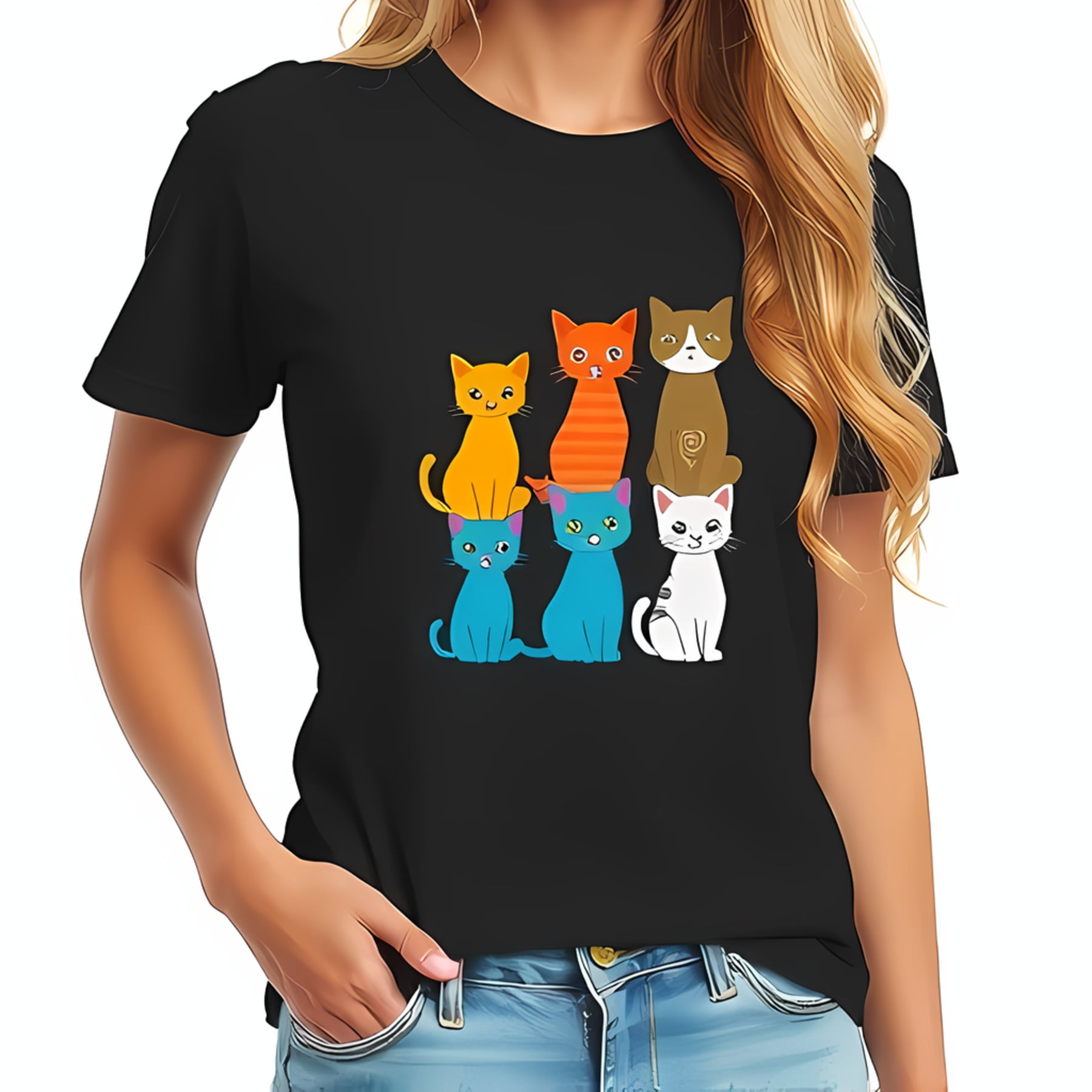 Colorful Cartoon Cats Graphic Cotton Short Sleeve T-Shirt for Cat ...