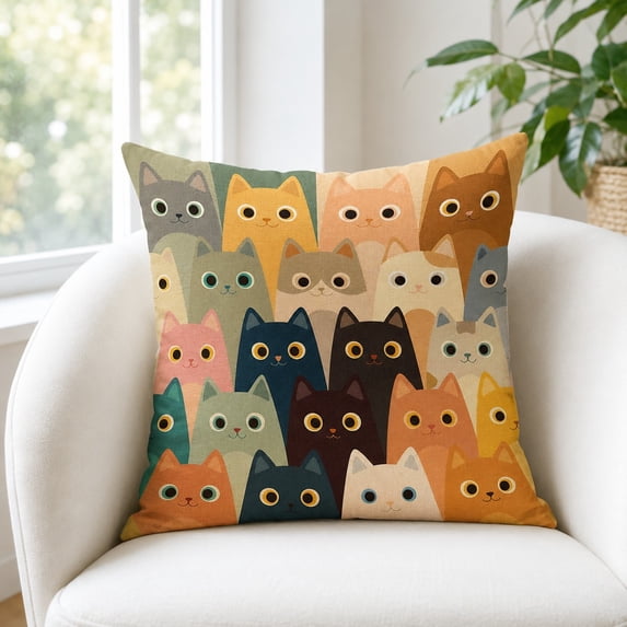 Colorful Cartoon Cats Throw Pillow Cover, 1-Side Print Decorative ...