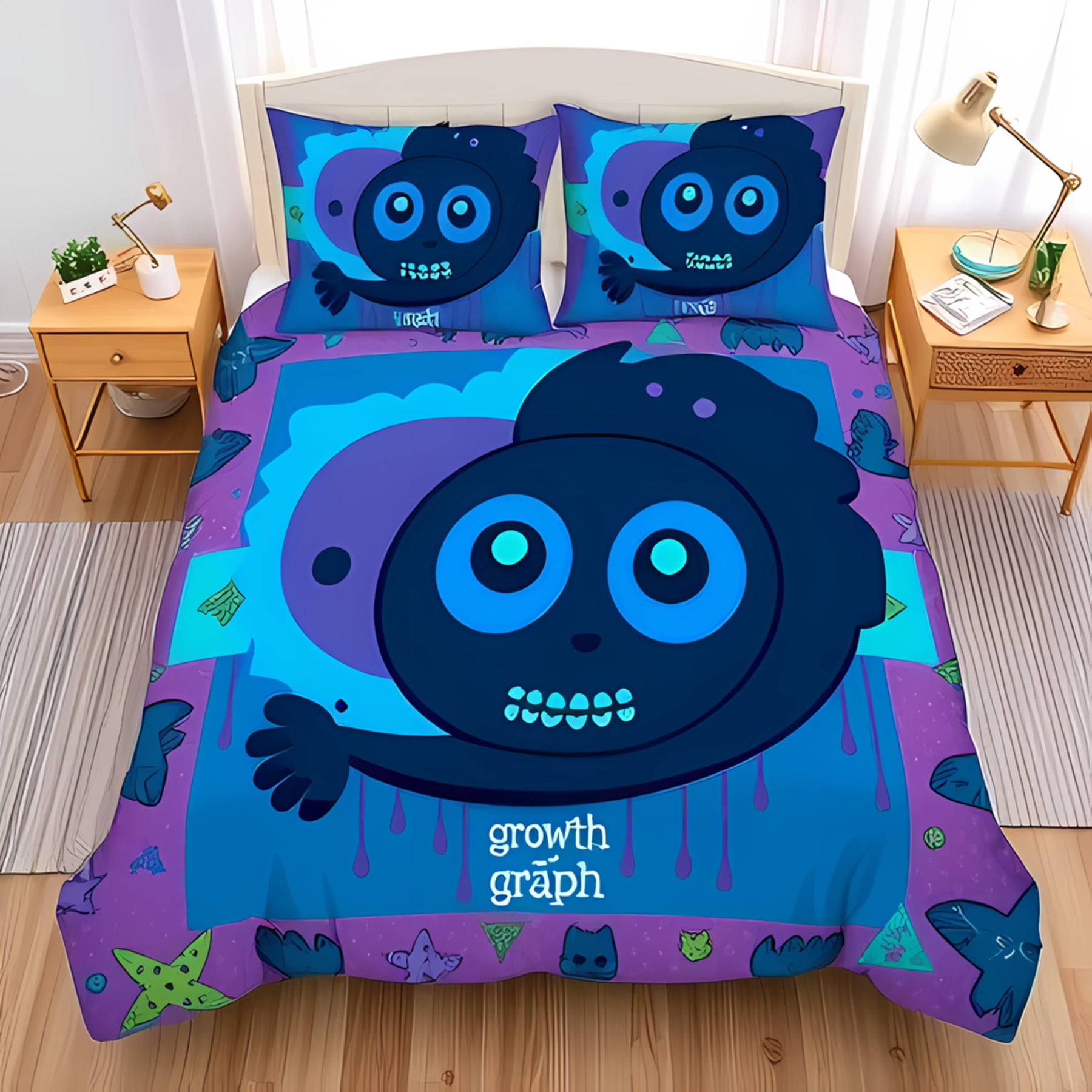 Colorful Cartoon Character 3-Piece Duvet Cover Set with Whimsical Stars ...