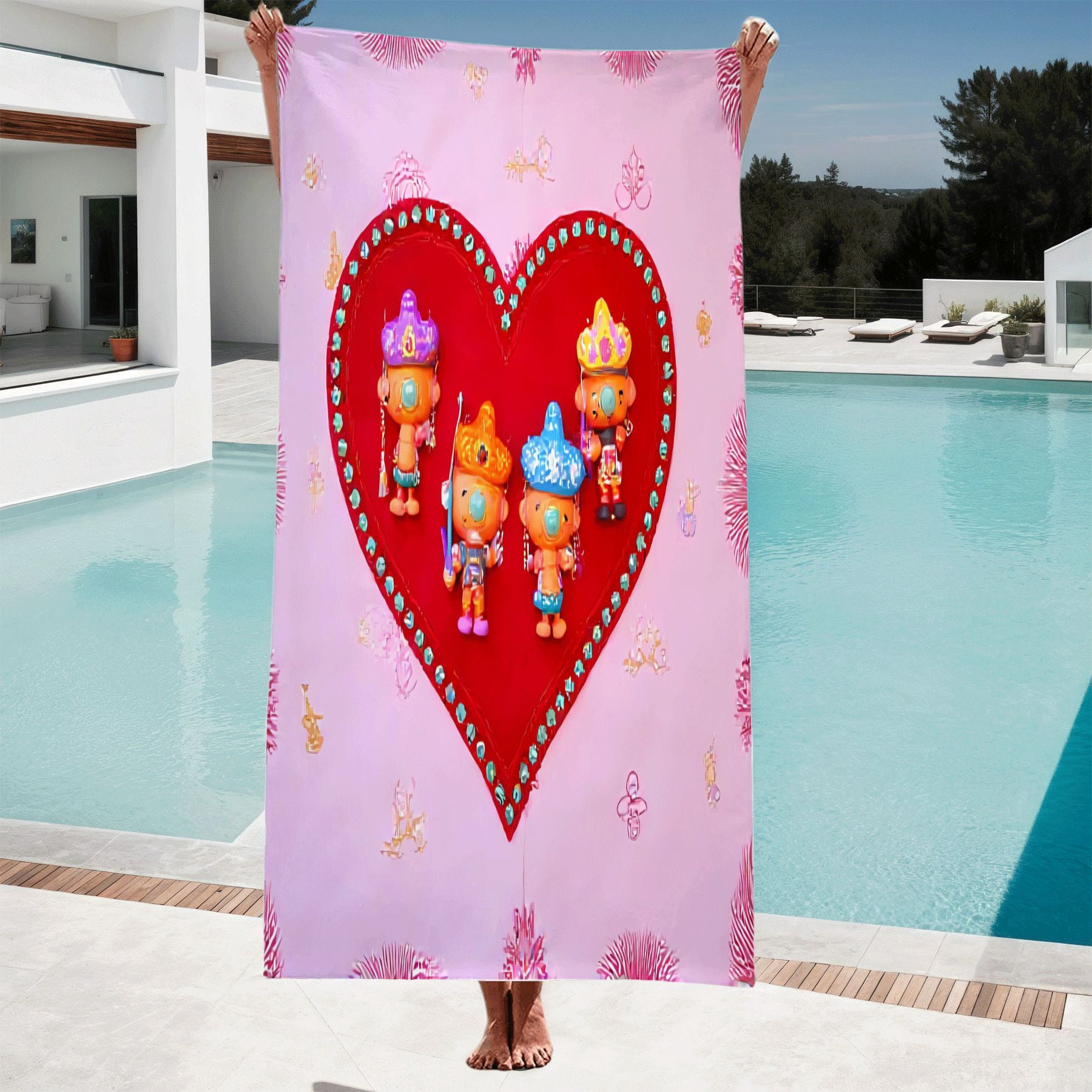 Colorful Cartoon Character Beach Towel with Heart & Gem Patterns ...