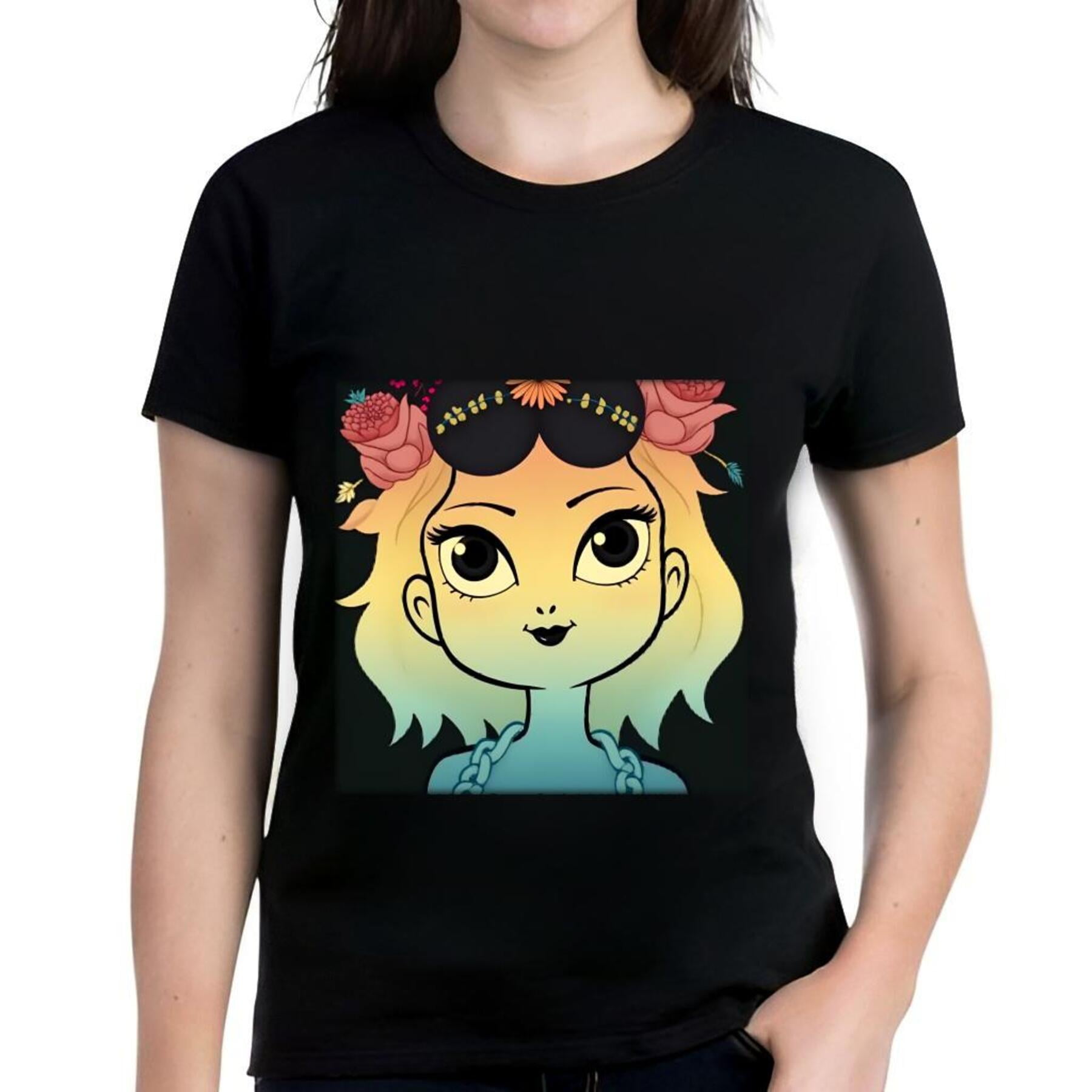 Colorful Cartoon Character Cotton Short Sleeve T-Shirt - Black Tee with ...