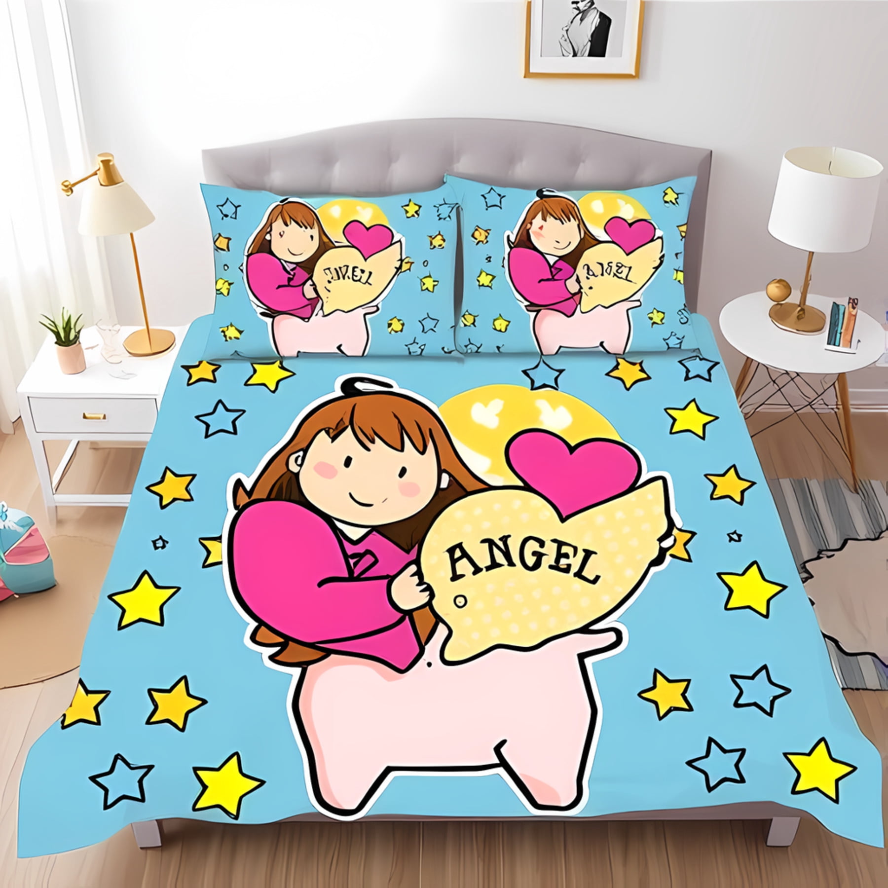 Colorful Cartoon Character Duvet Cover Set - Blue Background with ...