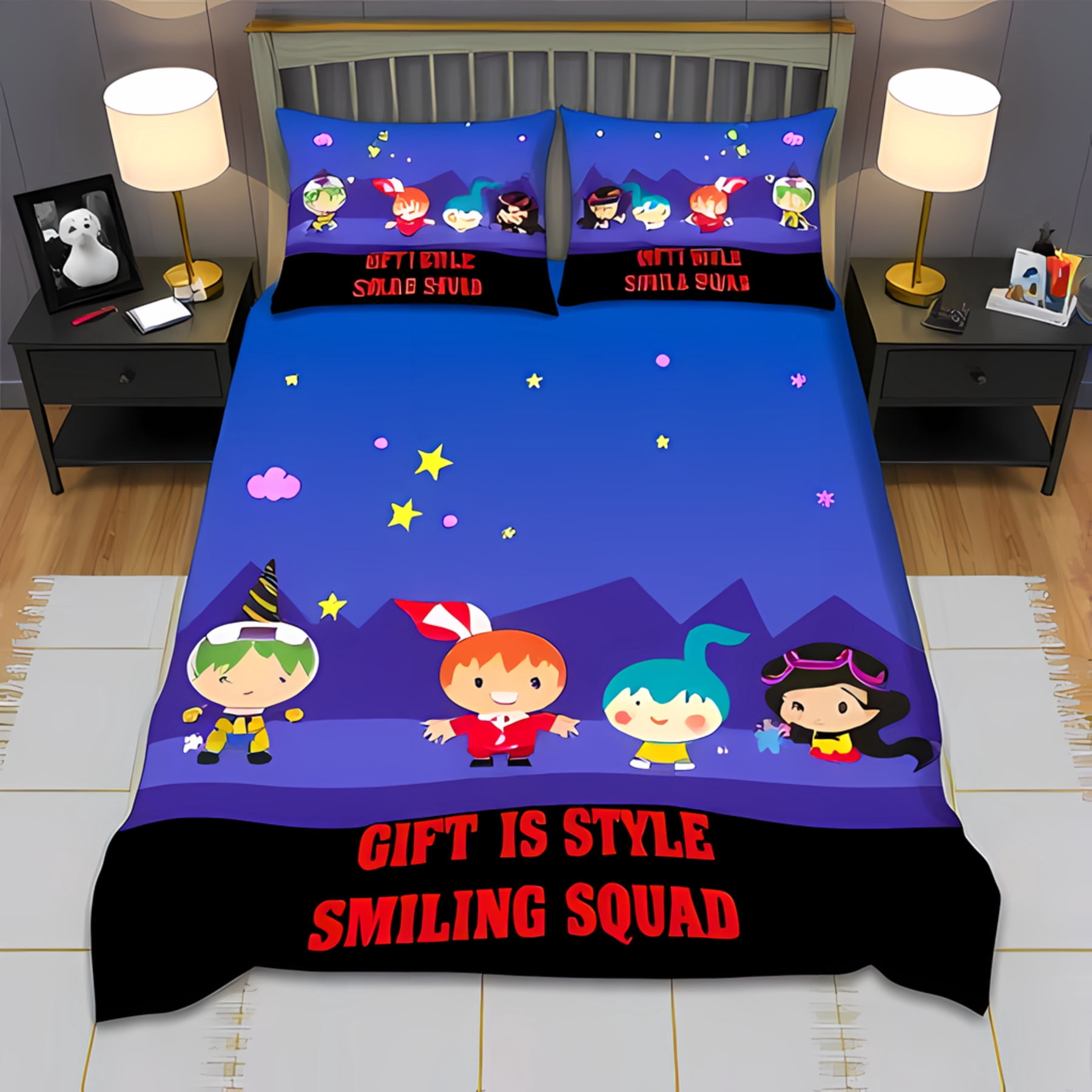 Colorful Cartoon Character Duvet Cover Set - Night Sky Design with ...