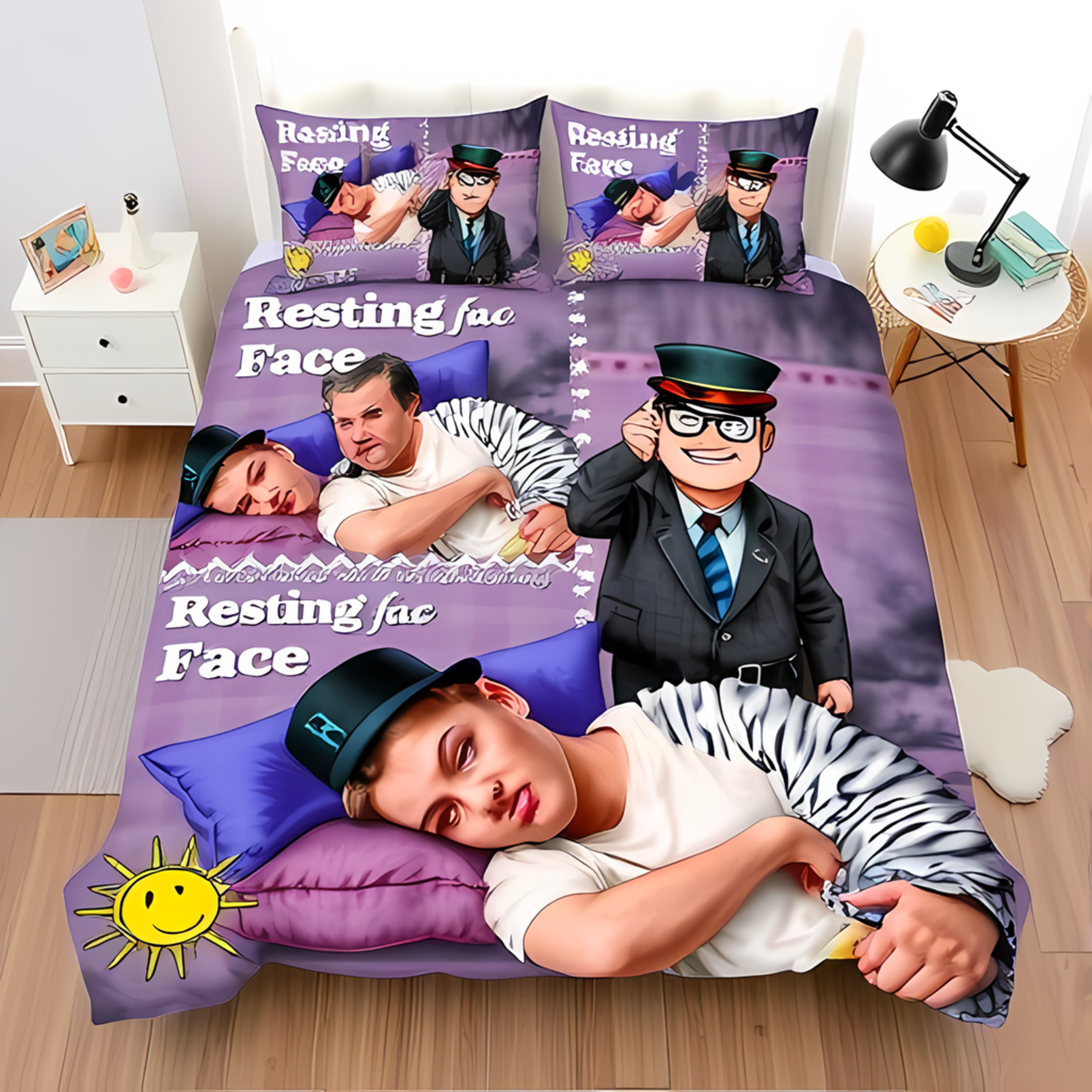 Colorful Cartoon Character Duvet Cover Set - Purple 'Resting Face ...