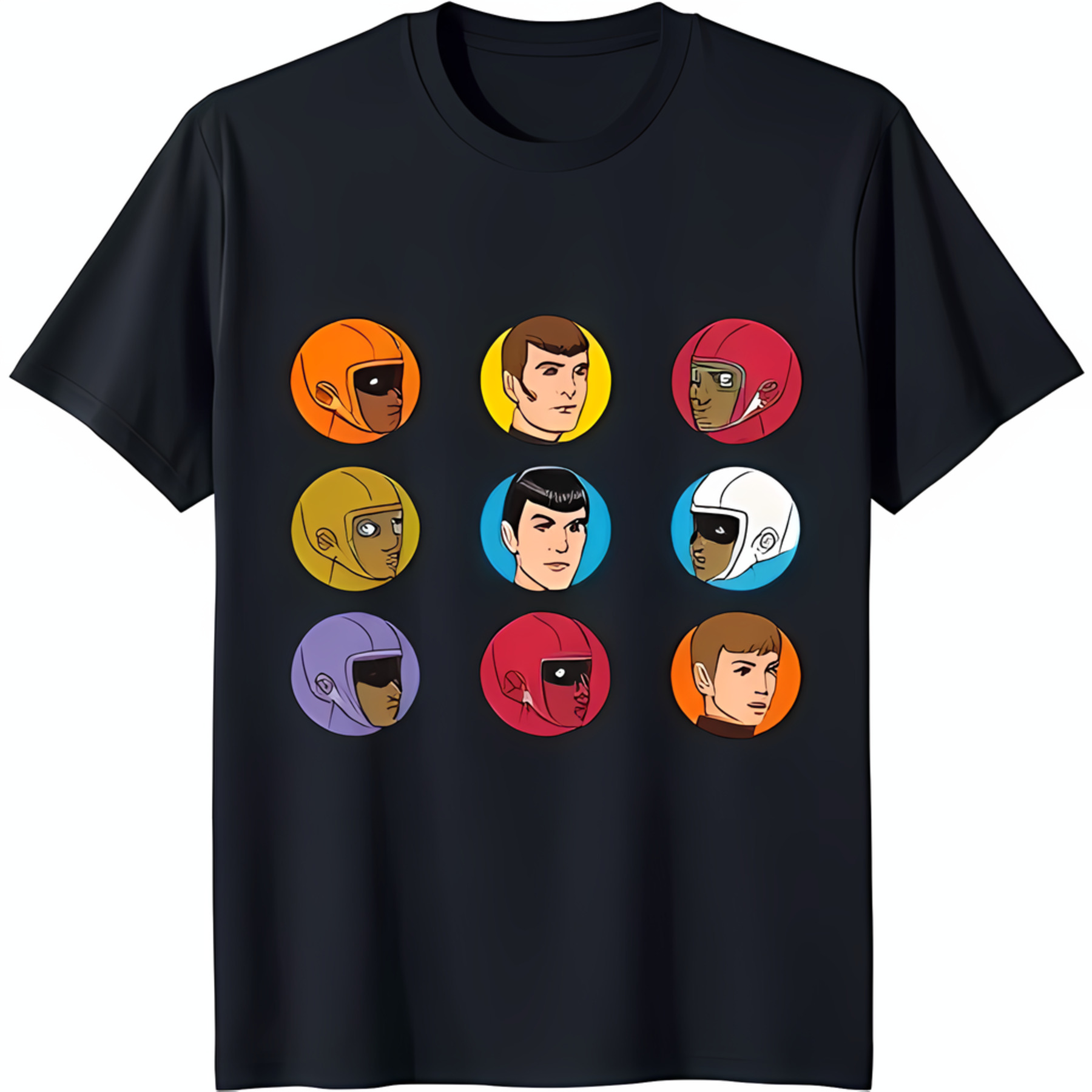 Colorful Cartoon Character Faces Graphic T-Shirt Black Tee with 9 Fun ...