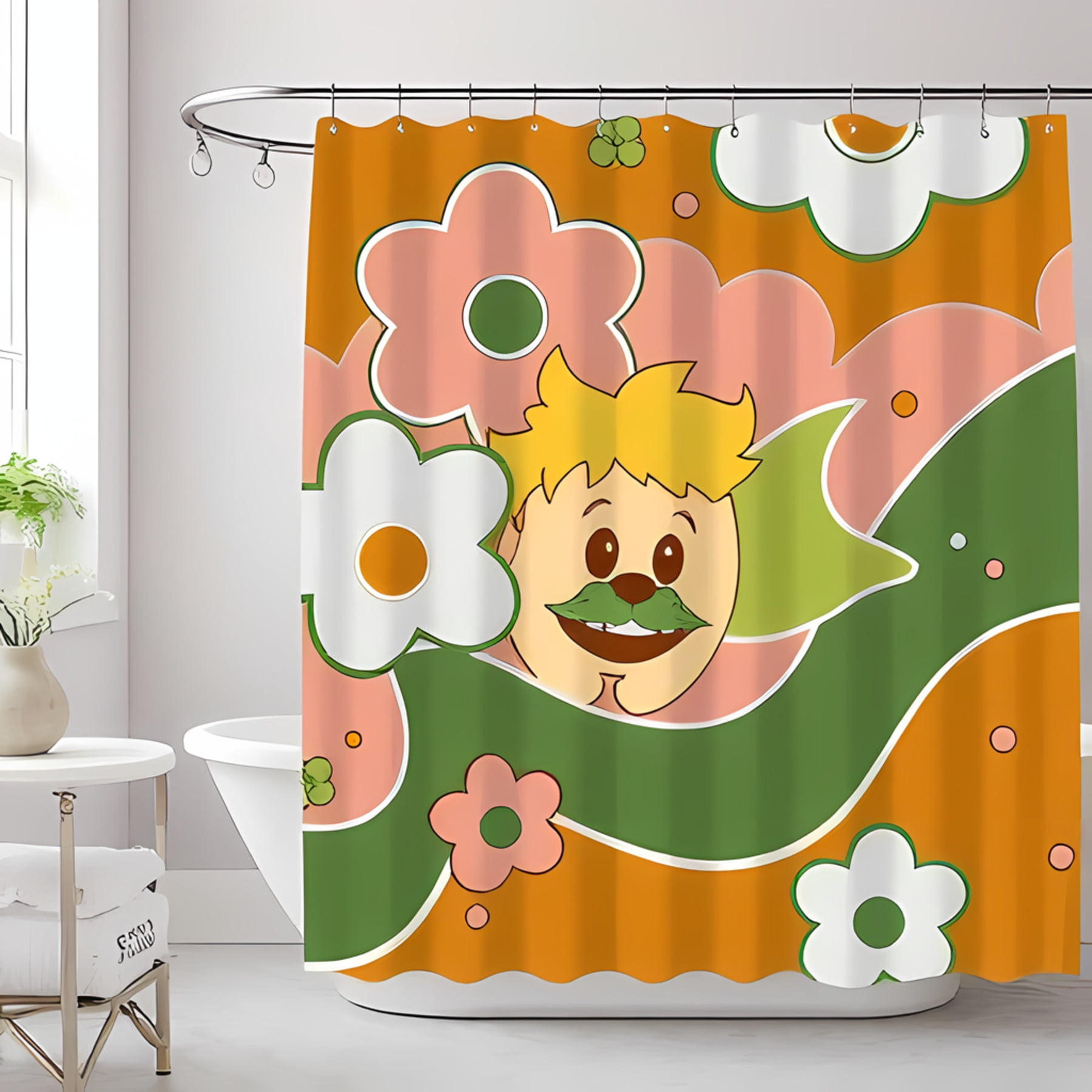 Colorful Cartoon Character Shower Curtain with Floral Pattern - Yellow ...