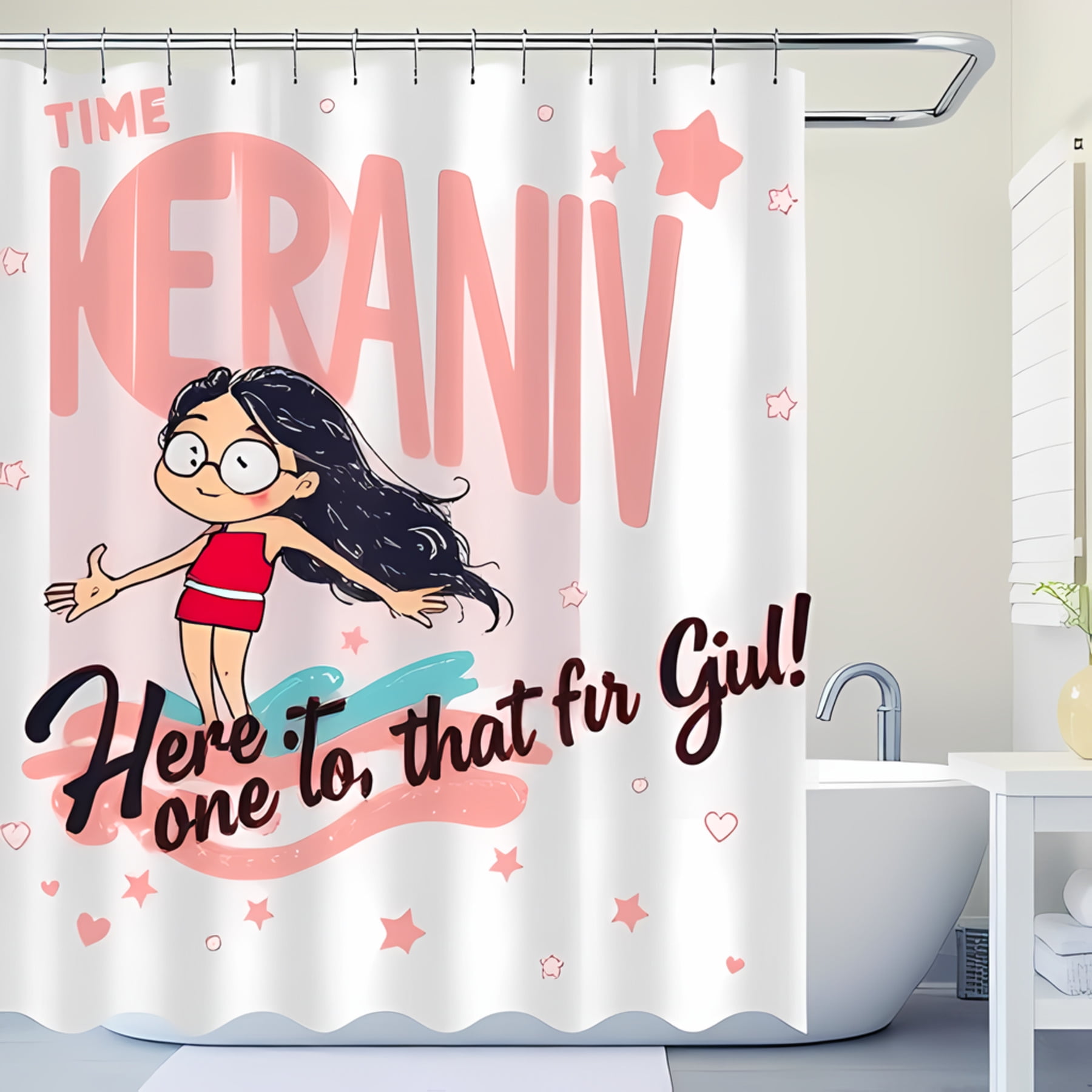 Colorful Cartoon Character Shower Curtain with Glasses Red Outfit and ...