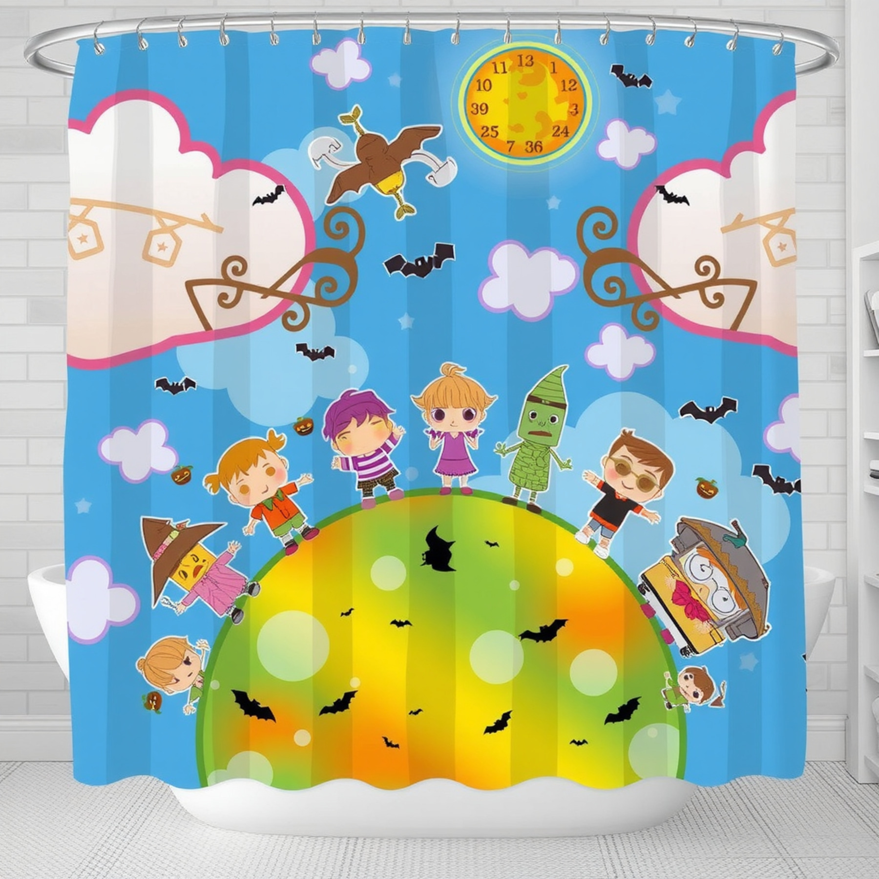 Colorful Cartoon Character Shower Curtain with Moon Clock & Fun ...