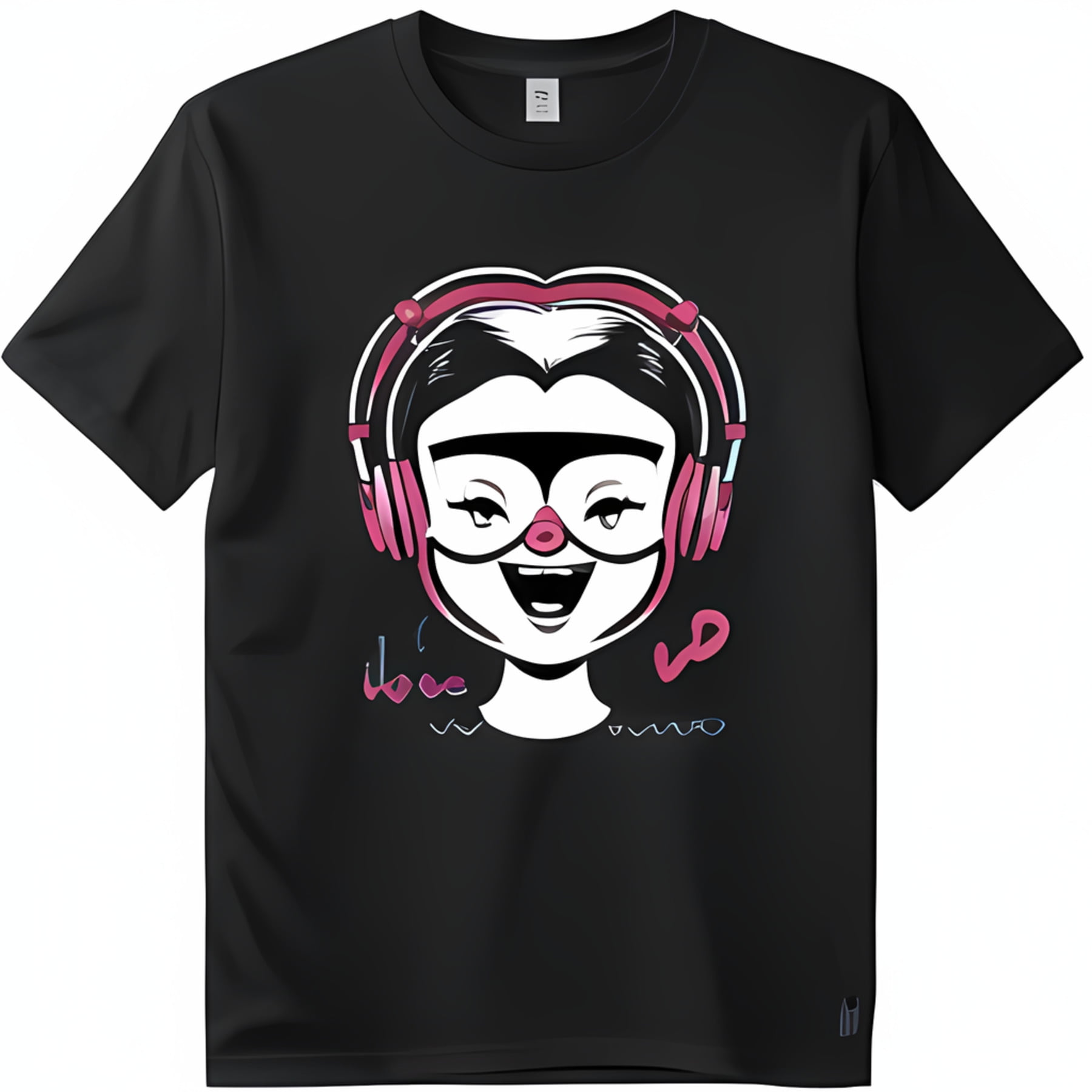 Colorful Cartoon Character Singing with Headphones Black T-Shirt for ...