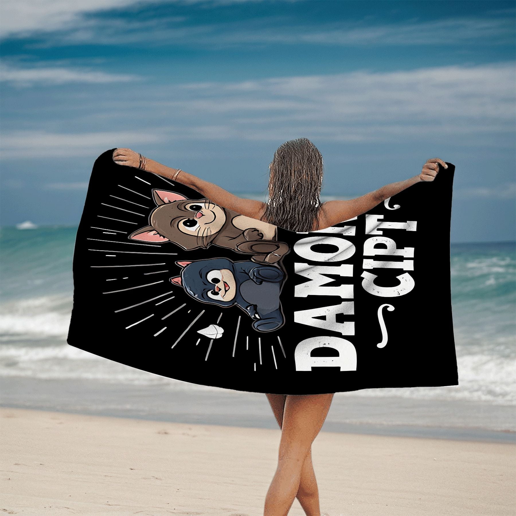 Colorful Cartoon Characters Beach Towel - Blue Hooded & Brown Eared ...