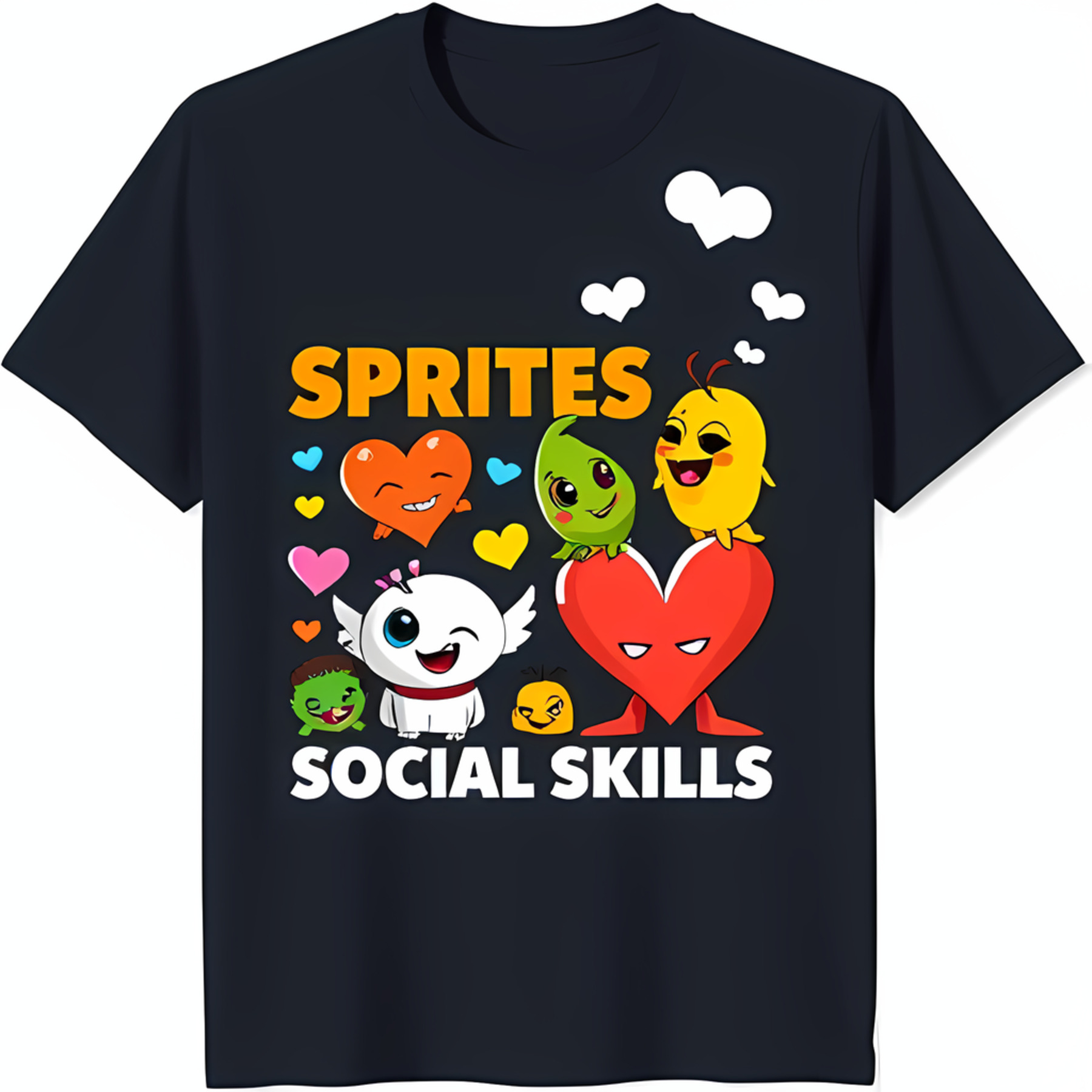 Colorful Cartoon Characters Black T-Shirt 'Sprites Social Skills ...