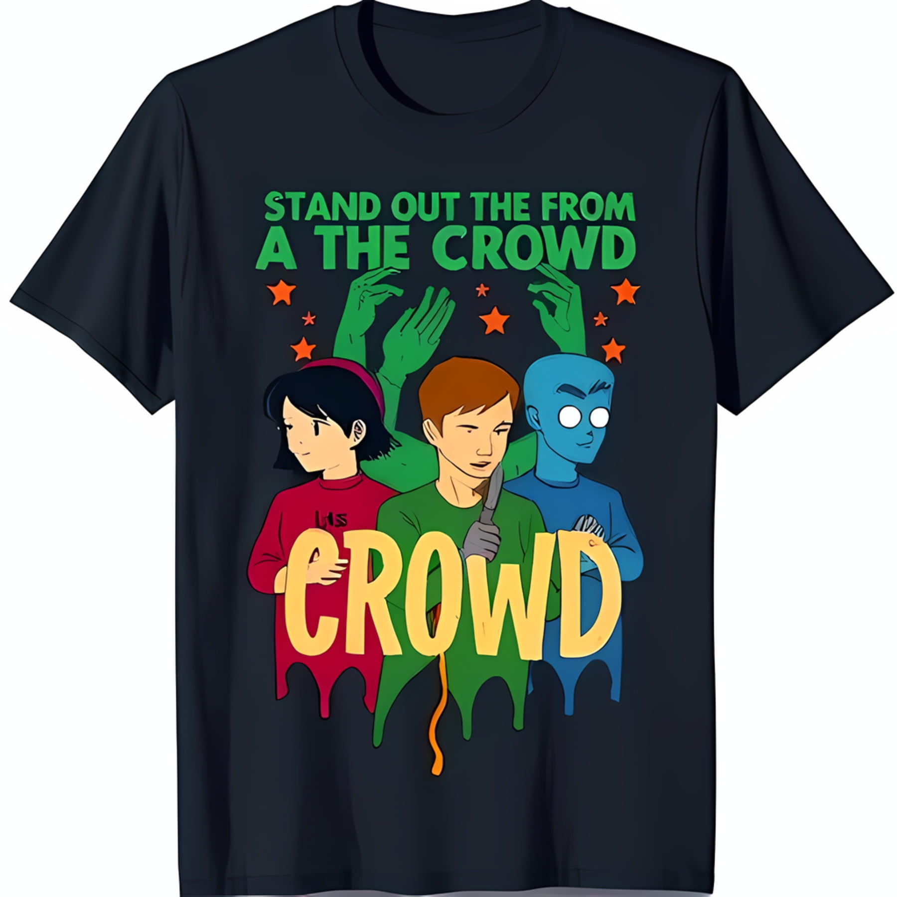 Colorful Cartoon Characters Black T-Shirt 'Stand Out from the Crowd ...