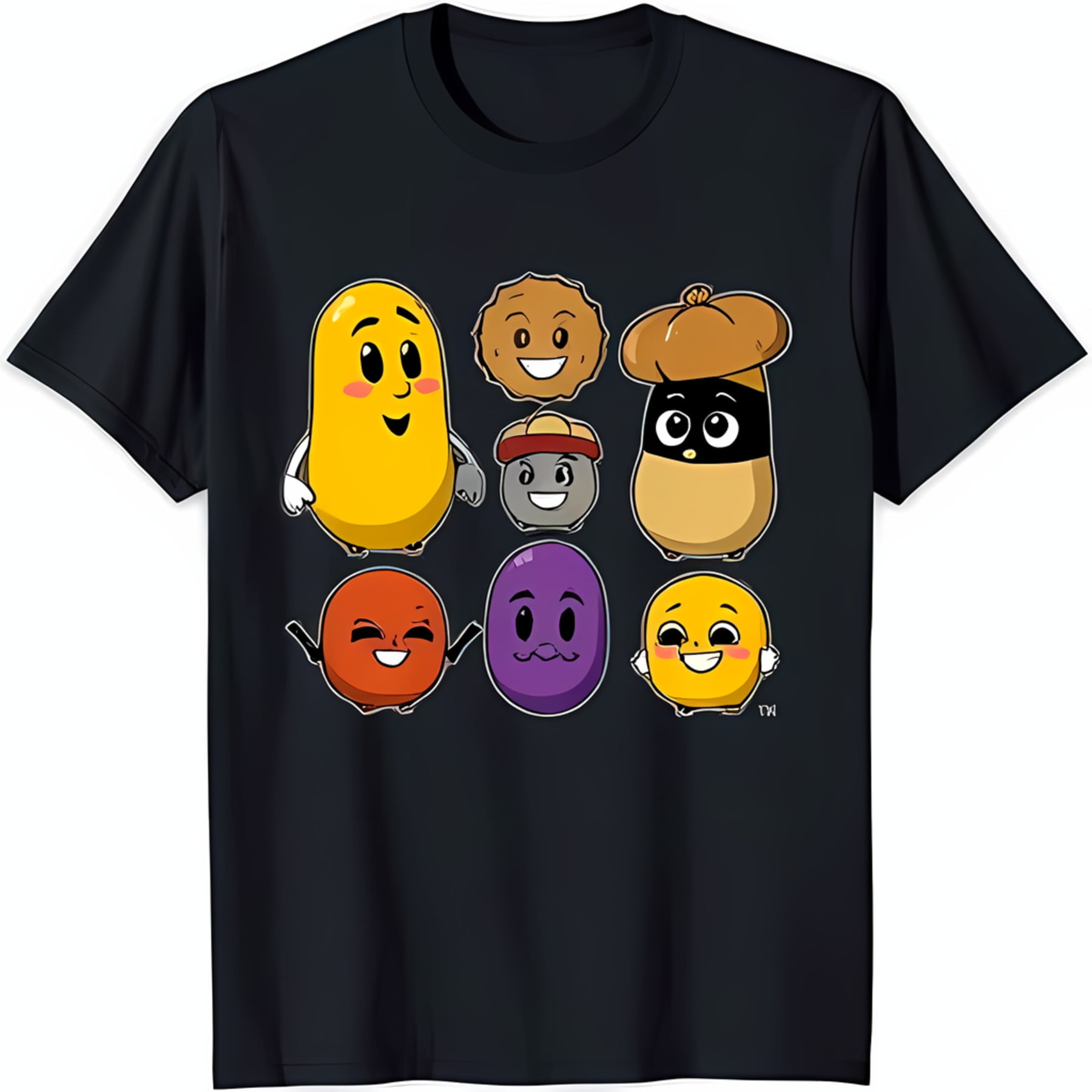 Colorful Cartoon Characters Graphic Black T-Shirt Fun Design with 7 ...