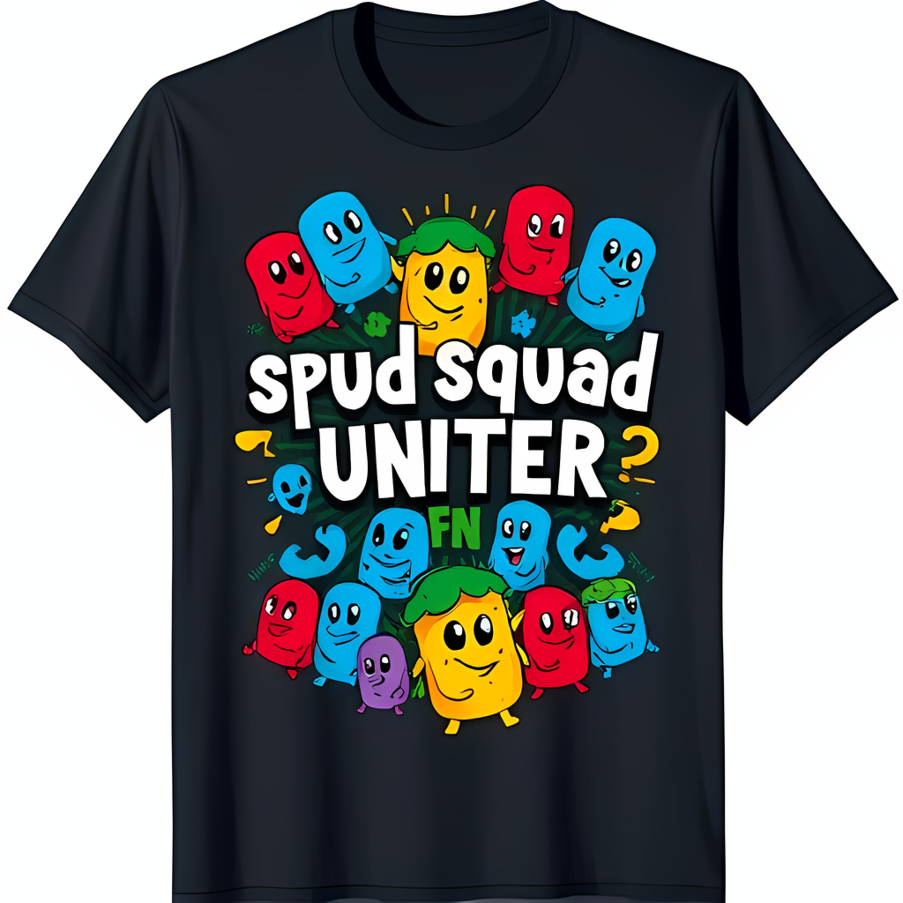 Colorful Cartoon Characters & 'Spud Squad Uniter?' Graphic on Black T ...