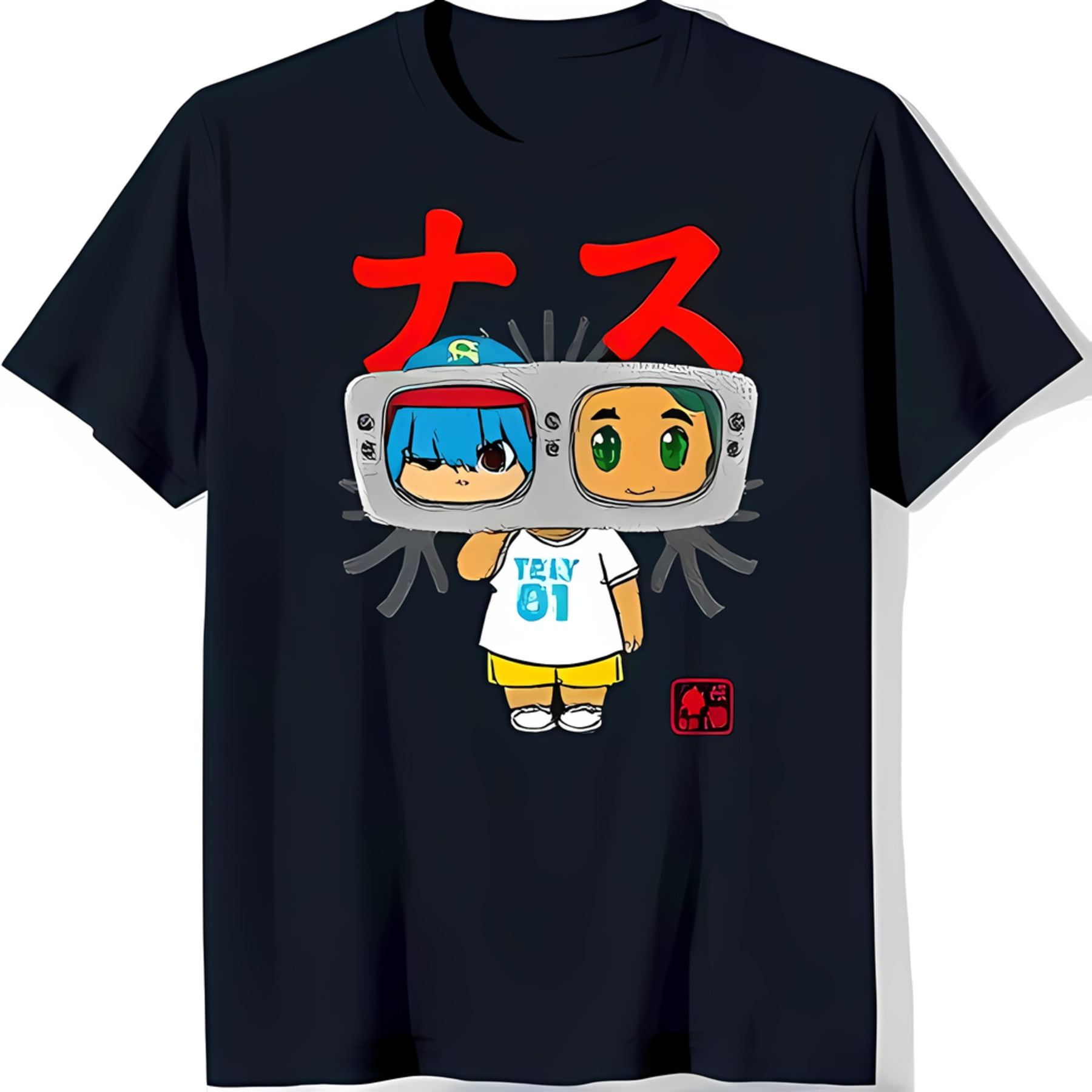 Colorful Cartoon Characters on Black T-Shirt 'TELY 01' Graphic with TV ...