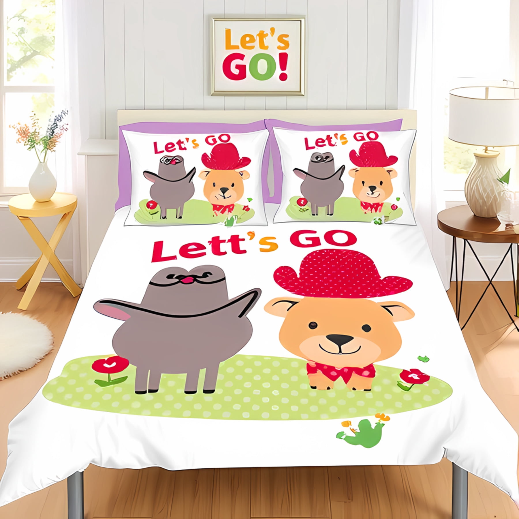 Colorful Cartoon Cowboy Animals 3-Piece Duvet Cover Set - Playful " Let ...