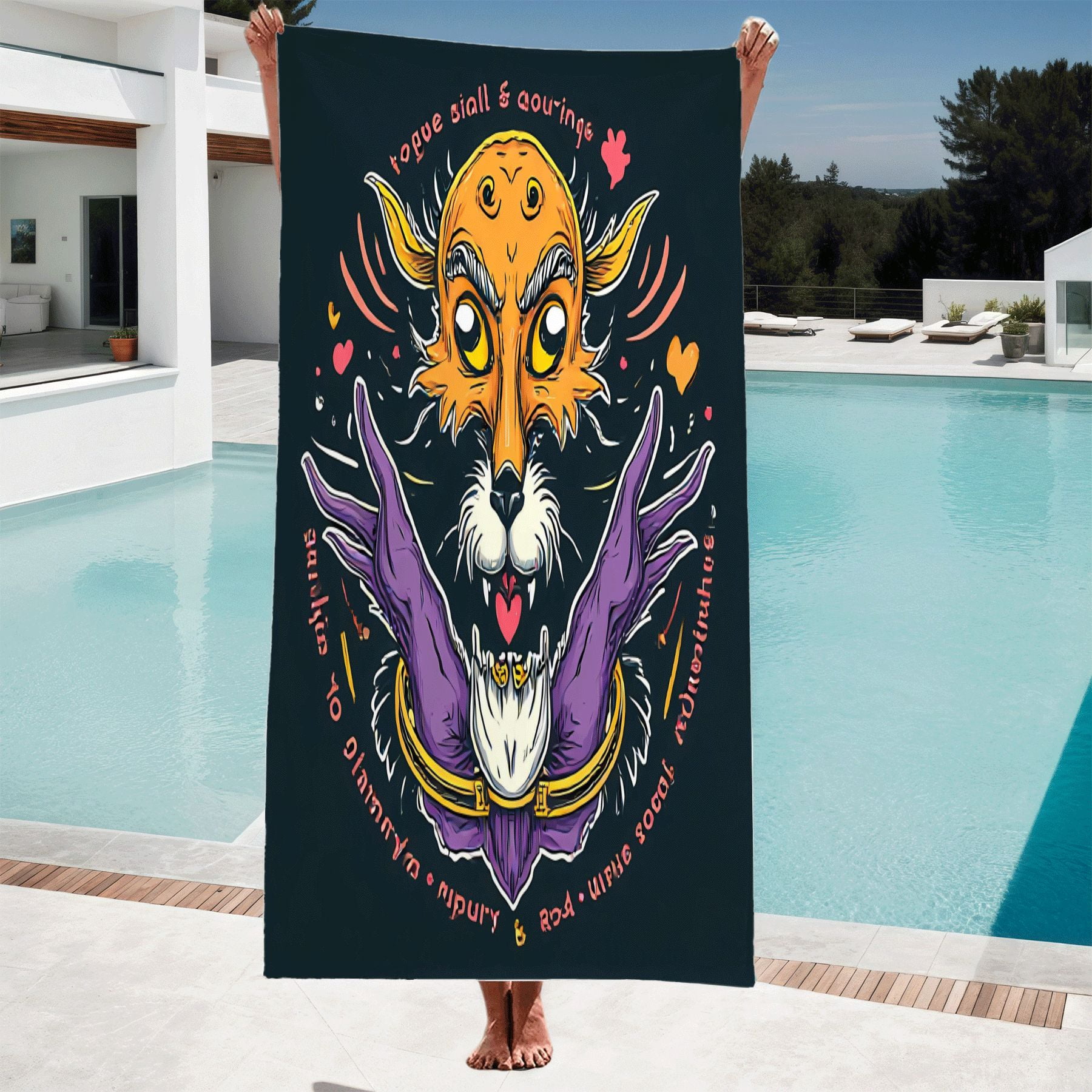 Colorful Cartoon Creature Beach Towel - Fun Orange Face Yellow Eyes and ...