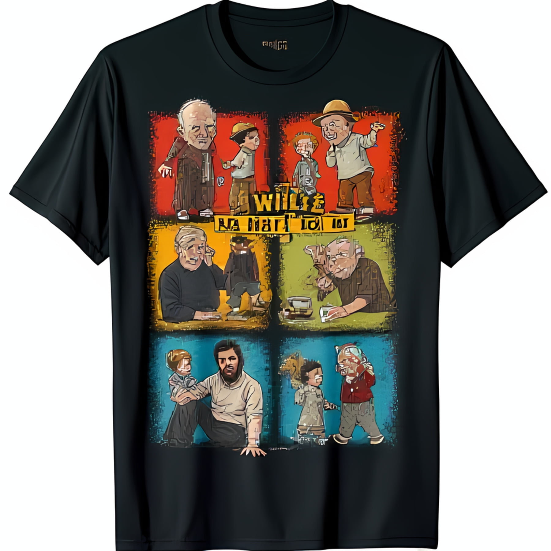 Colorful Cartoon Design Black T-Shirt Featuring 6 Fun Characters with ...