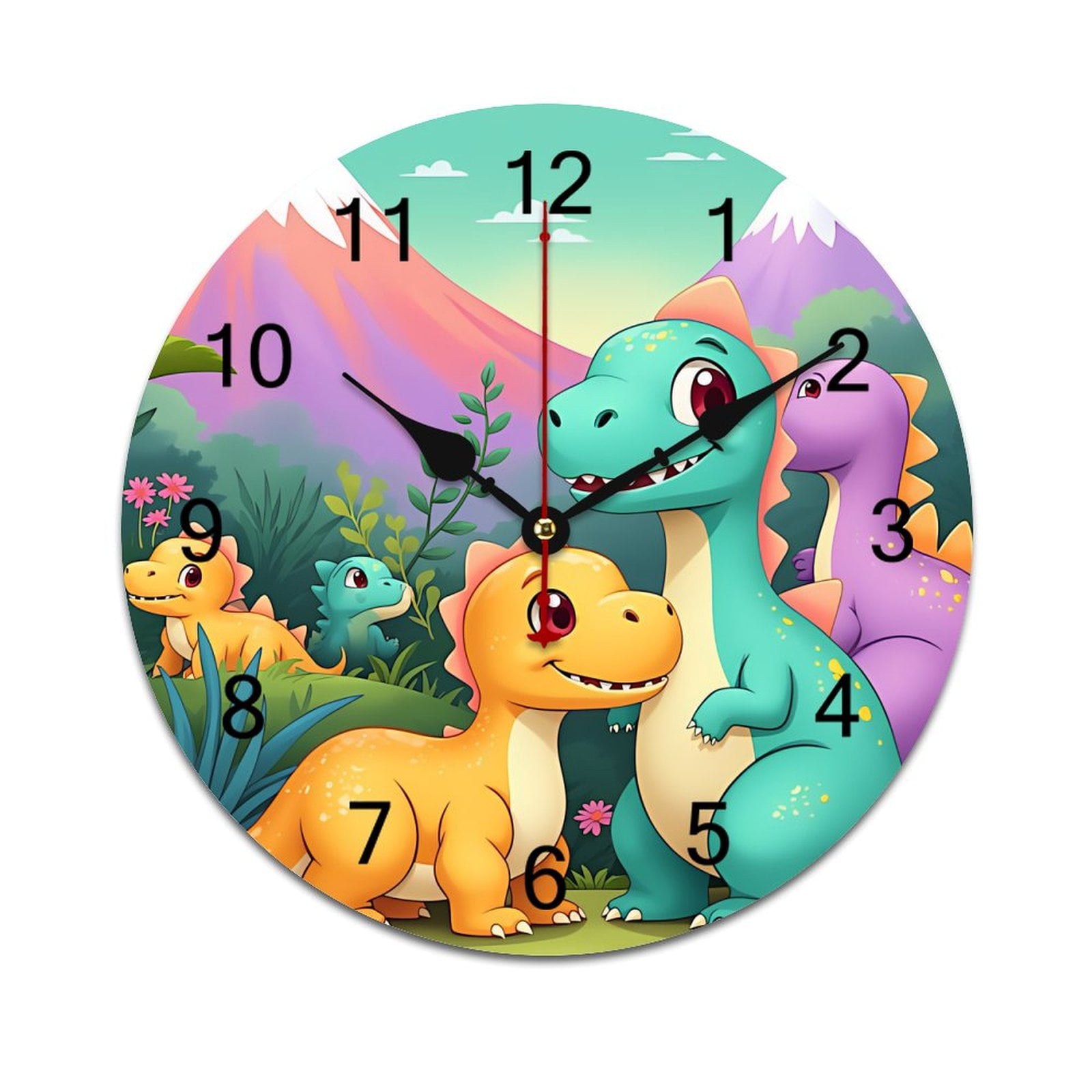 Colorful Cartoon Dinosaur Jungle Word Saying Big Wall Clock Home Decor ...