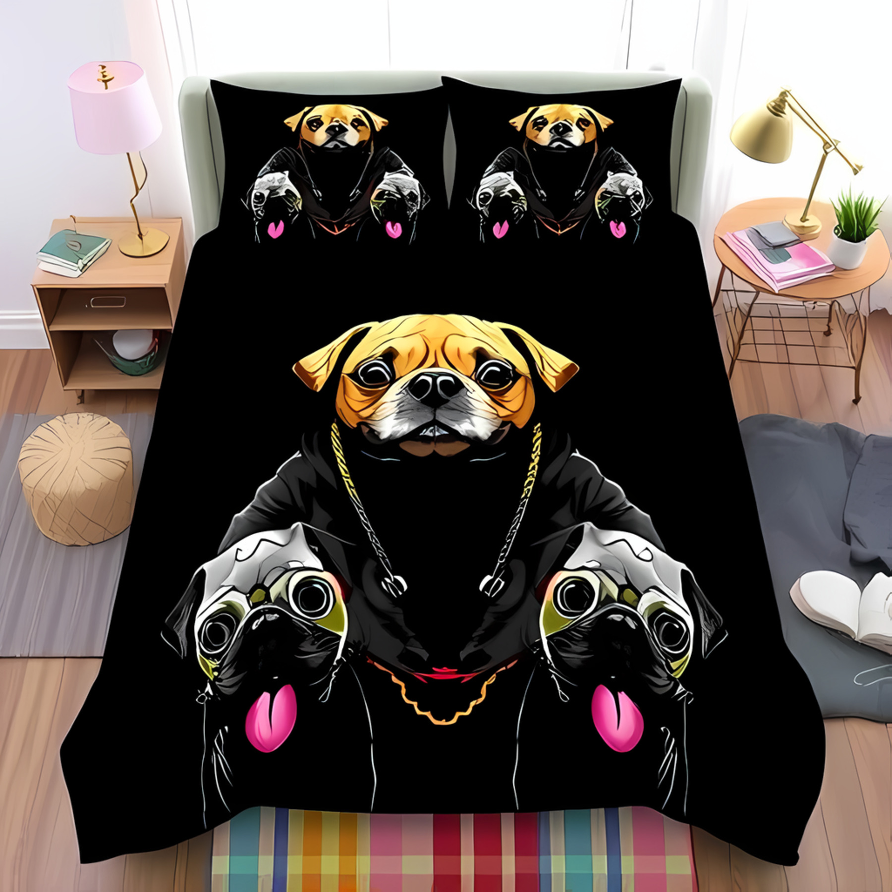 Colorful Cartoon Dog Bedspread Set Playful Pug Design with Hoodies ...