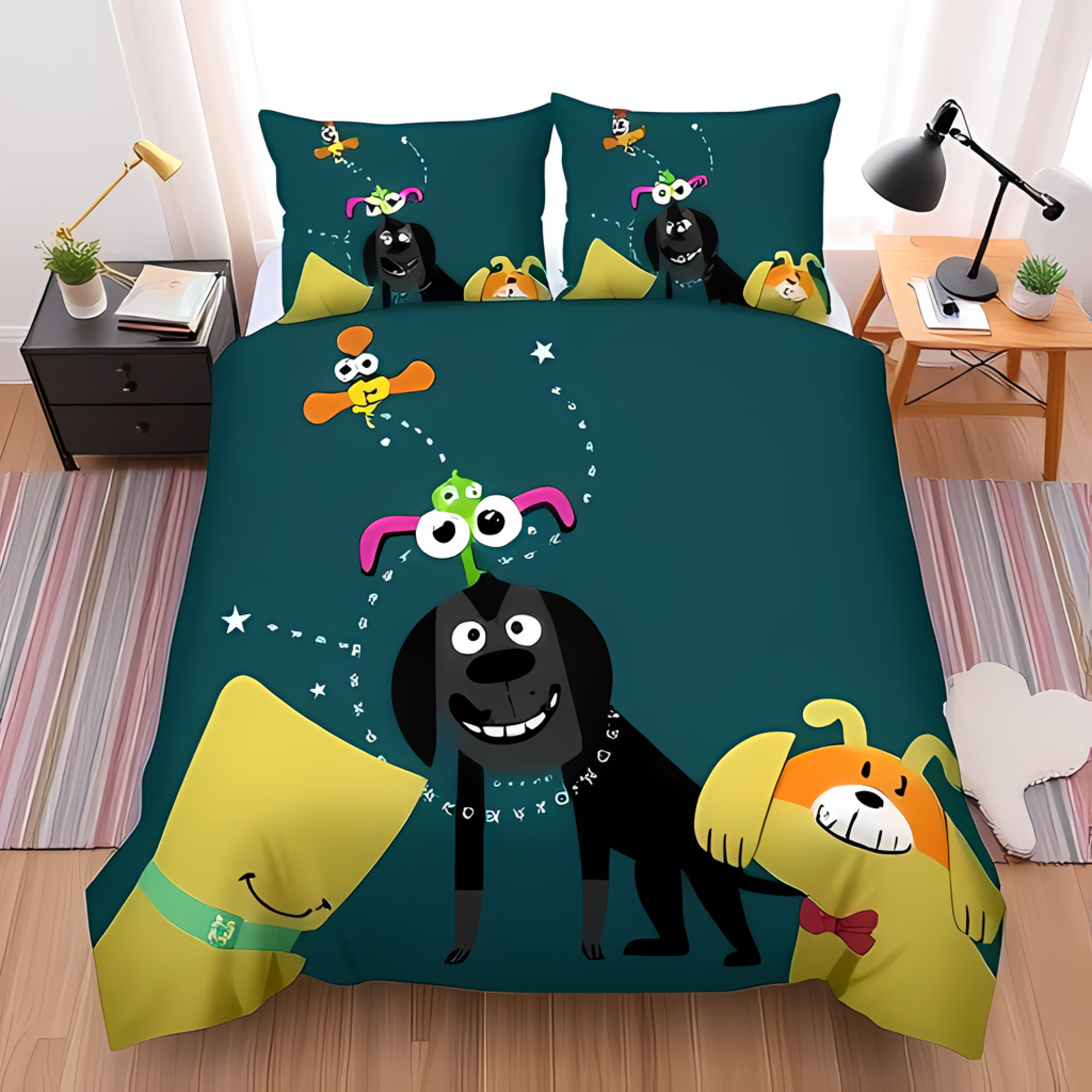 Colorful Cartoon Dog Duvet Cover Set - 3-Piece Bedding with Playful ...