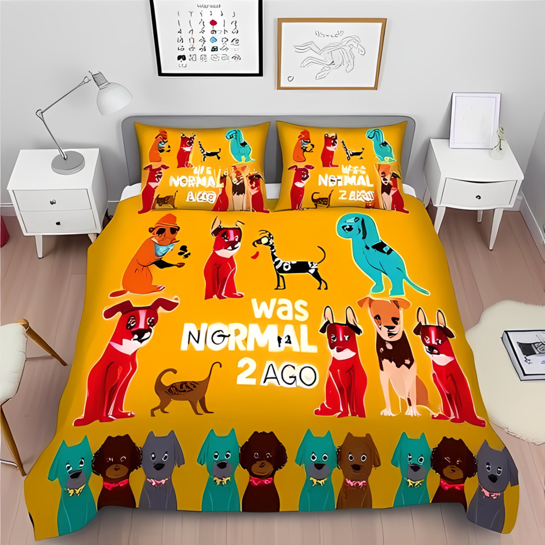 Colorful Cartoon Dogs & Cats 3-Piece Duvet Cover Set with Matching ...