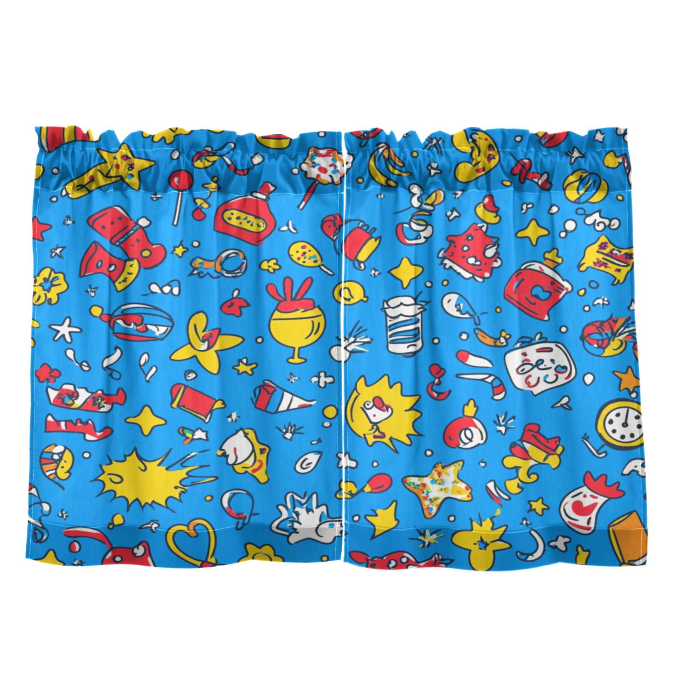 Colorful Cartoon Doodles Pattern 27"x36" Linen Look Cafe Curtain Set ...