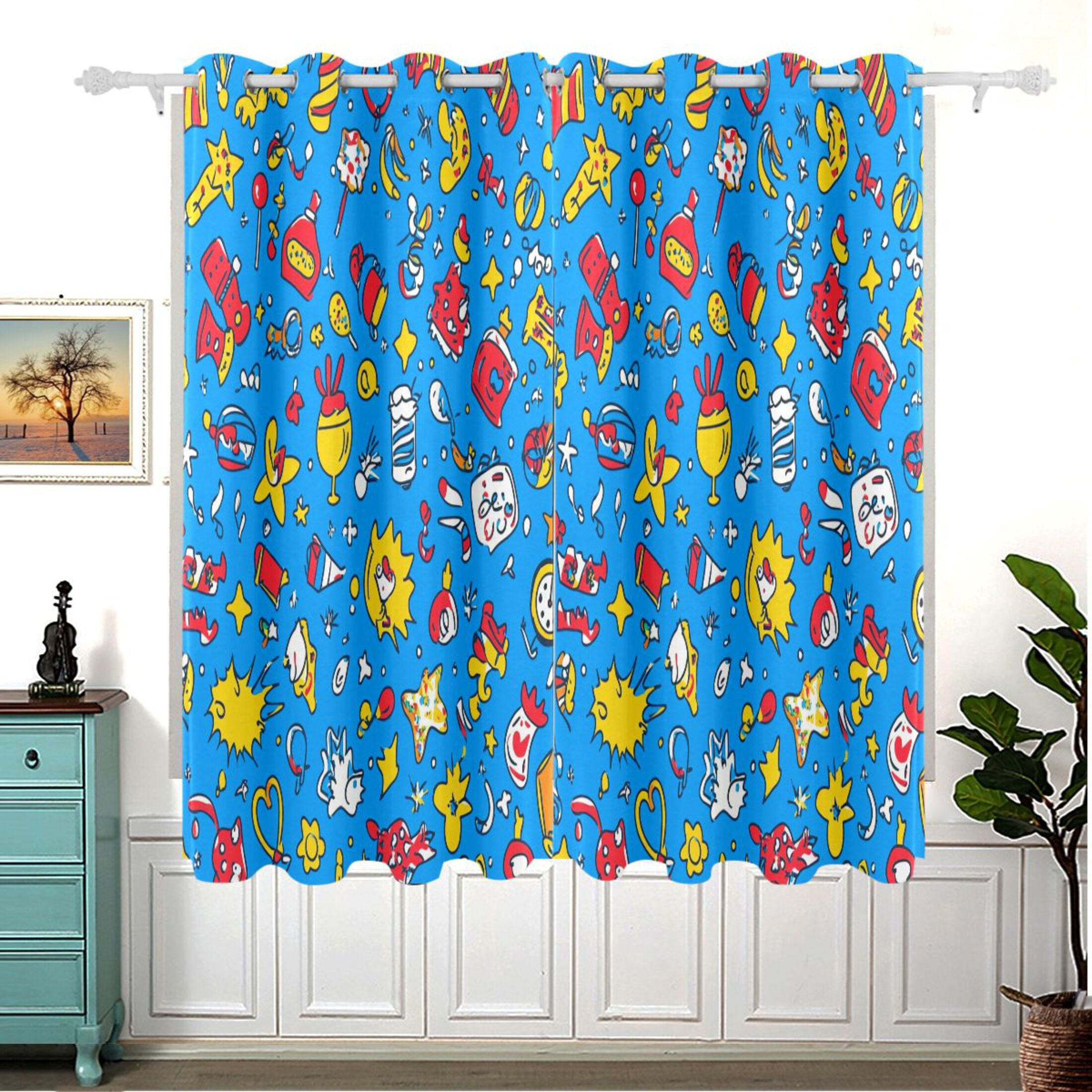 Colorful Cartoon Doodles Pattern Thermal Blackout Curtains 63x55 Inch 2 ...