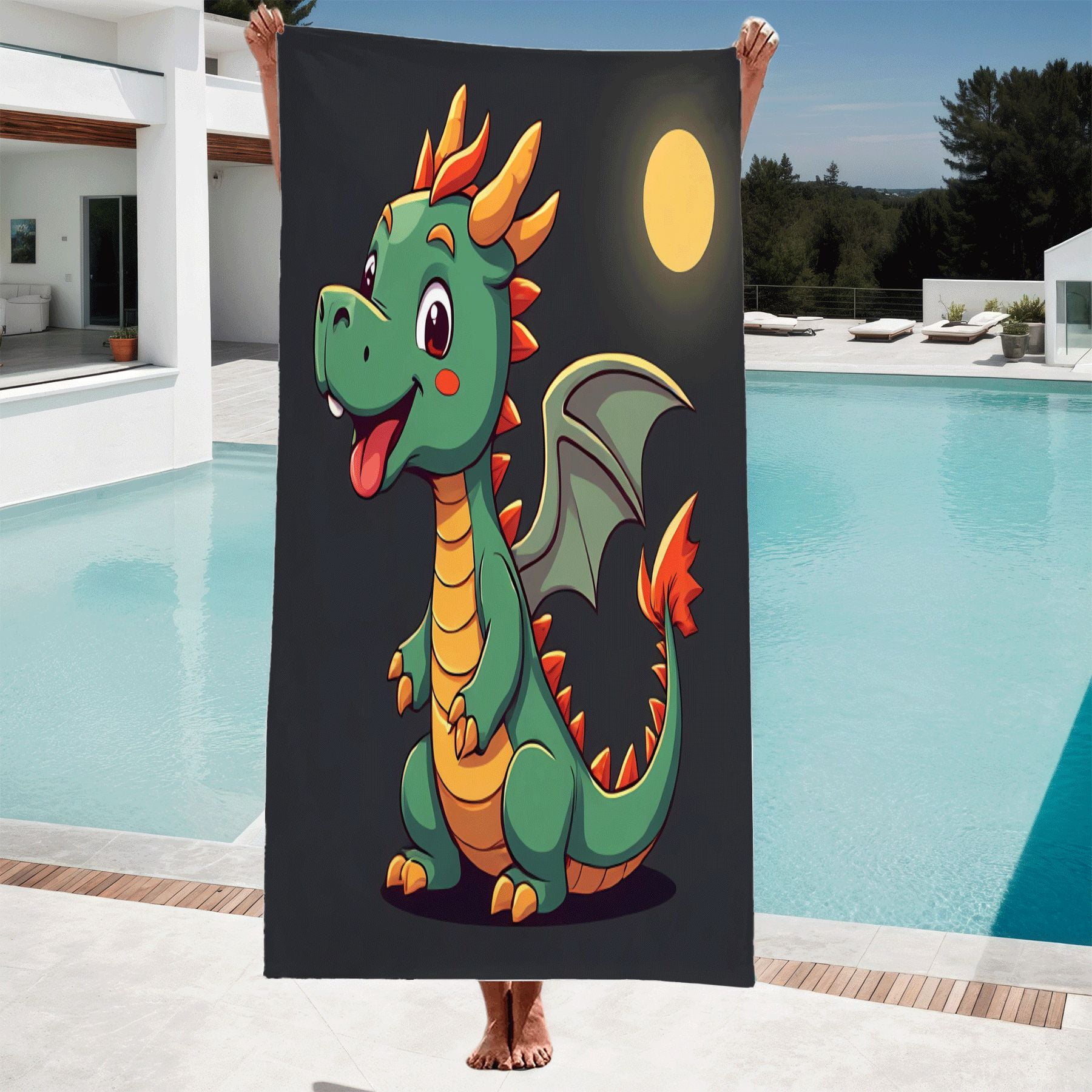 Colorful Cartoon Dragon Beach Towel - Green Skin Orange Horns Playful ...