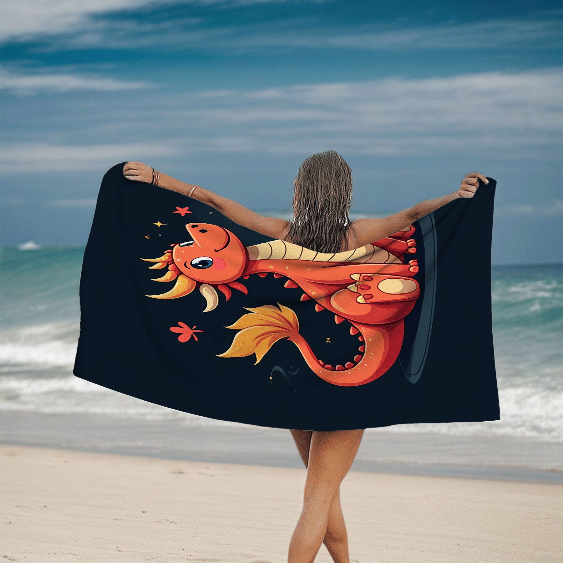 Colorful Cartoon Dragon Beach Towel - Red Body Yellow Scales Orange ...
