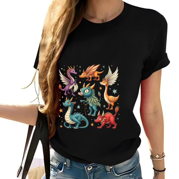 Colorful Cartoon Dragons Women's Cotton Short Sleeve T-Shirt ...
