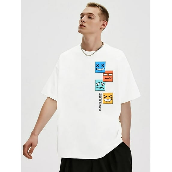 Colorful Cartoon Expression Faces Graphic Unisex Cotton T-Shirt, Sizes ...