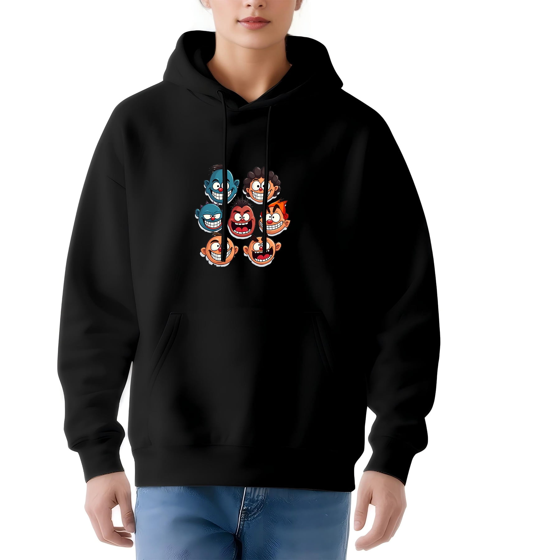 Colorful Cartoon Expressions Women's Long Sleeve Hoodie - Relaxed Fit ...