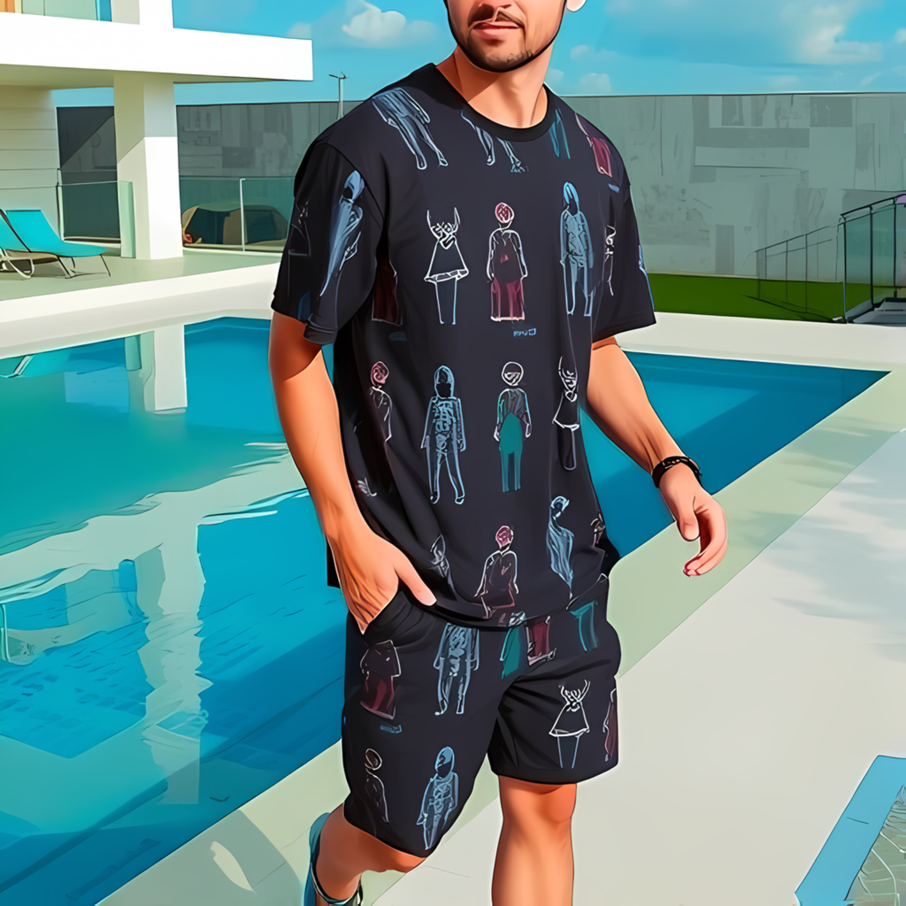 Colorful Cartoon Figures T-Shirt and Matching Shorts Set for Men - Fun ...