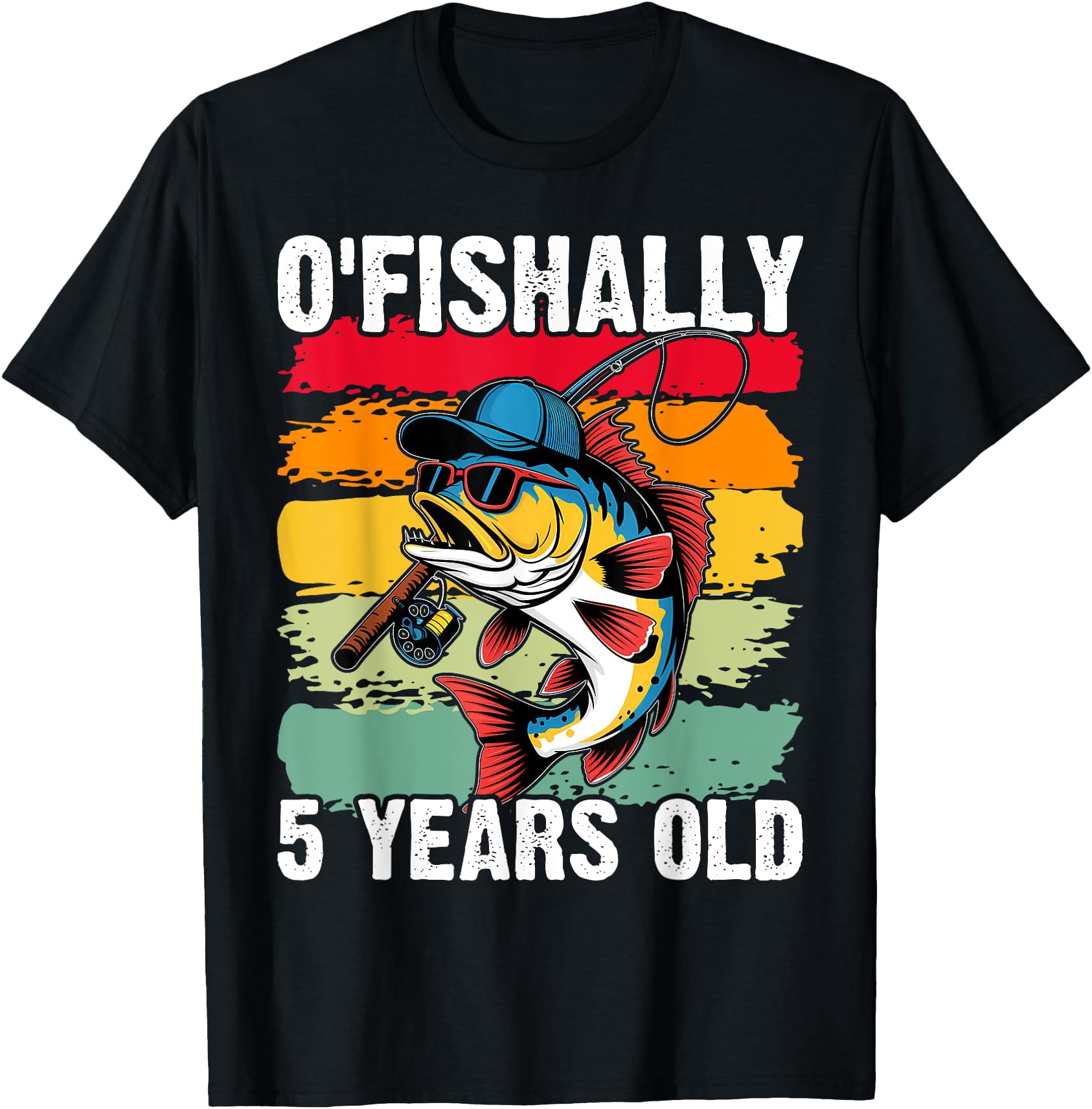 Colorful Cartoon Fish Fishing T-Shirt for Fun 5th Birthday Celebration ...