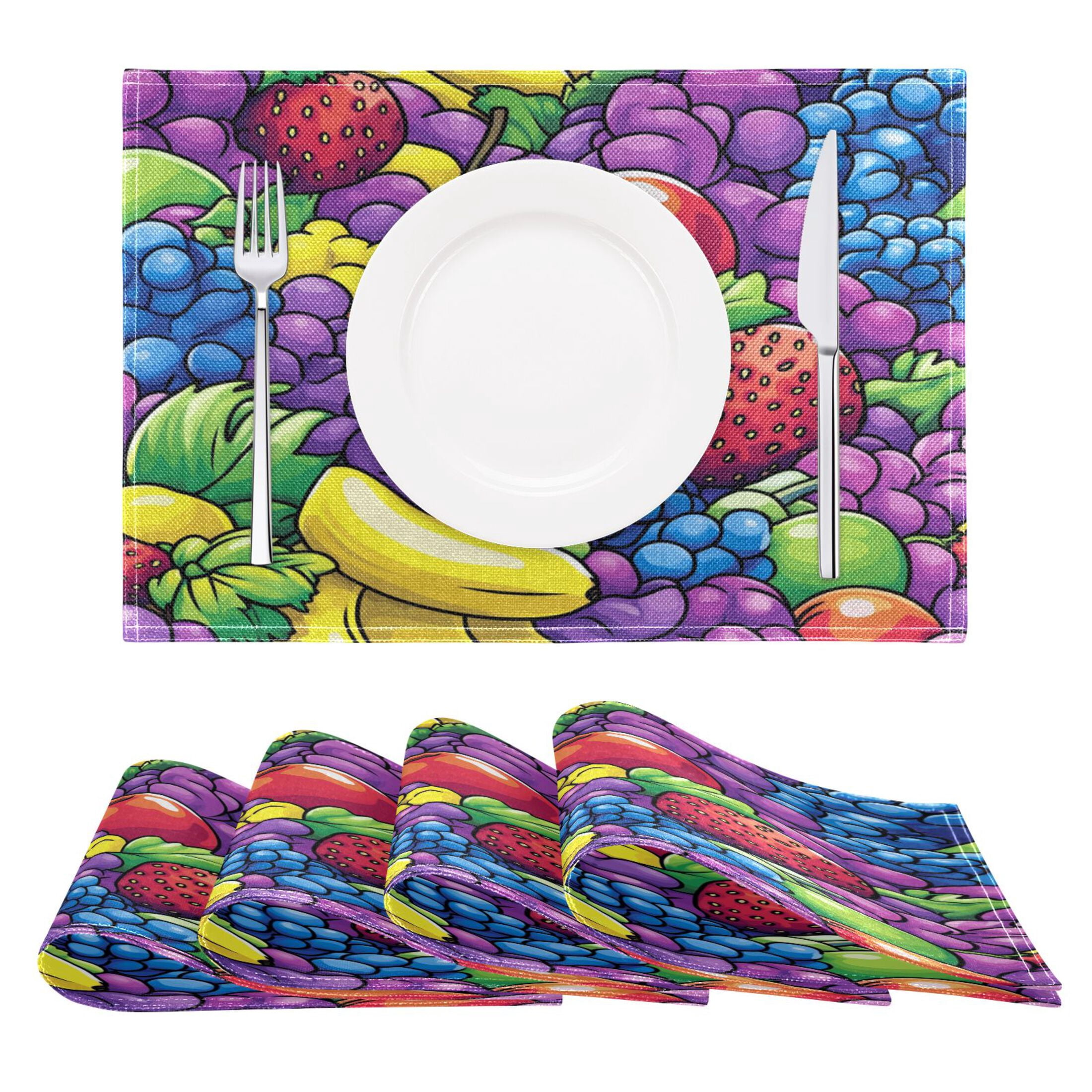 Colorful Cartoon Fruits Illustration Placemats Set of 6 Coffee Mats ...