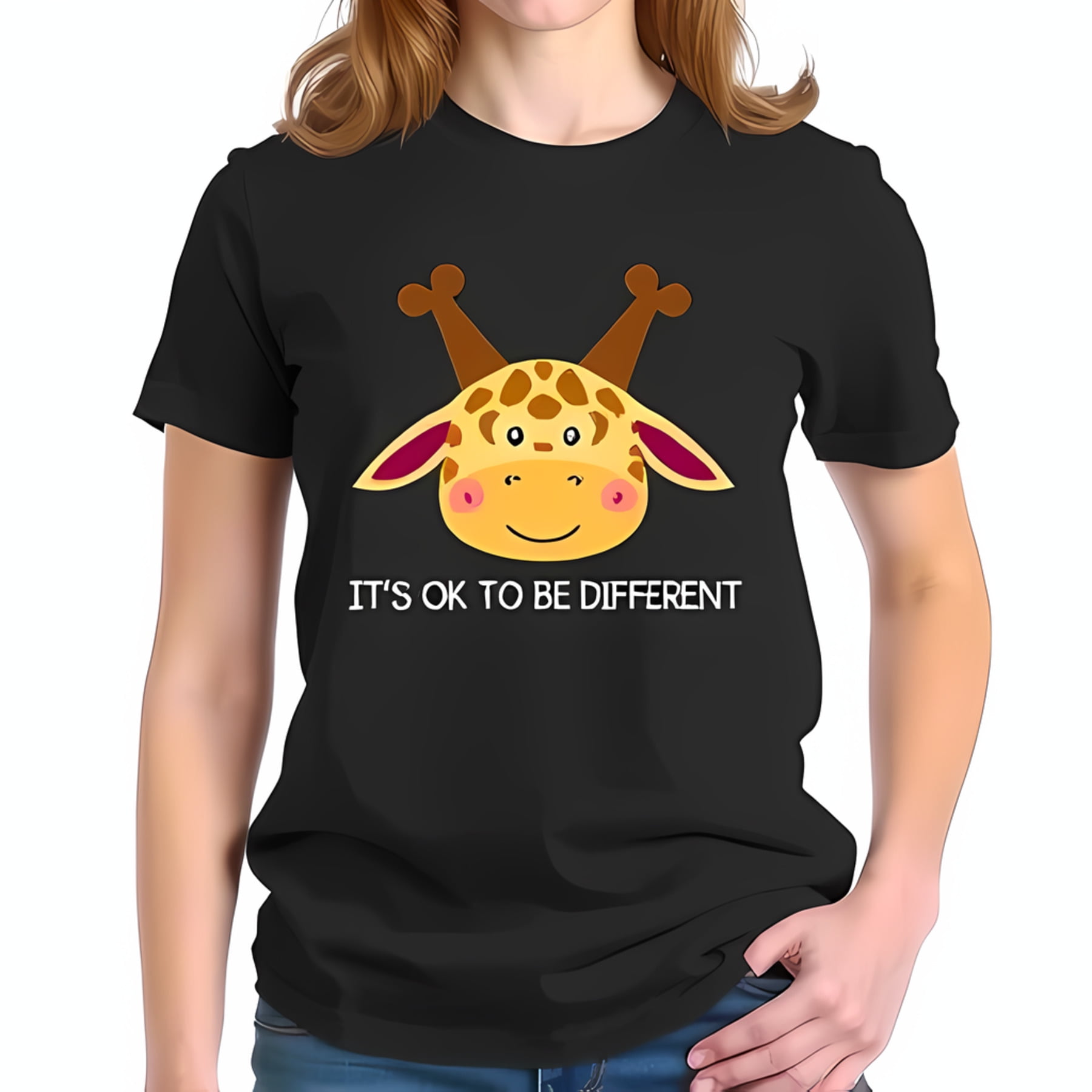 Colorful Cartoon Giraffe Face Graphic T-Shirt - " IT'S OK TO BE DIFFERENT " - Fun & Whimsical ...