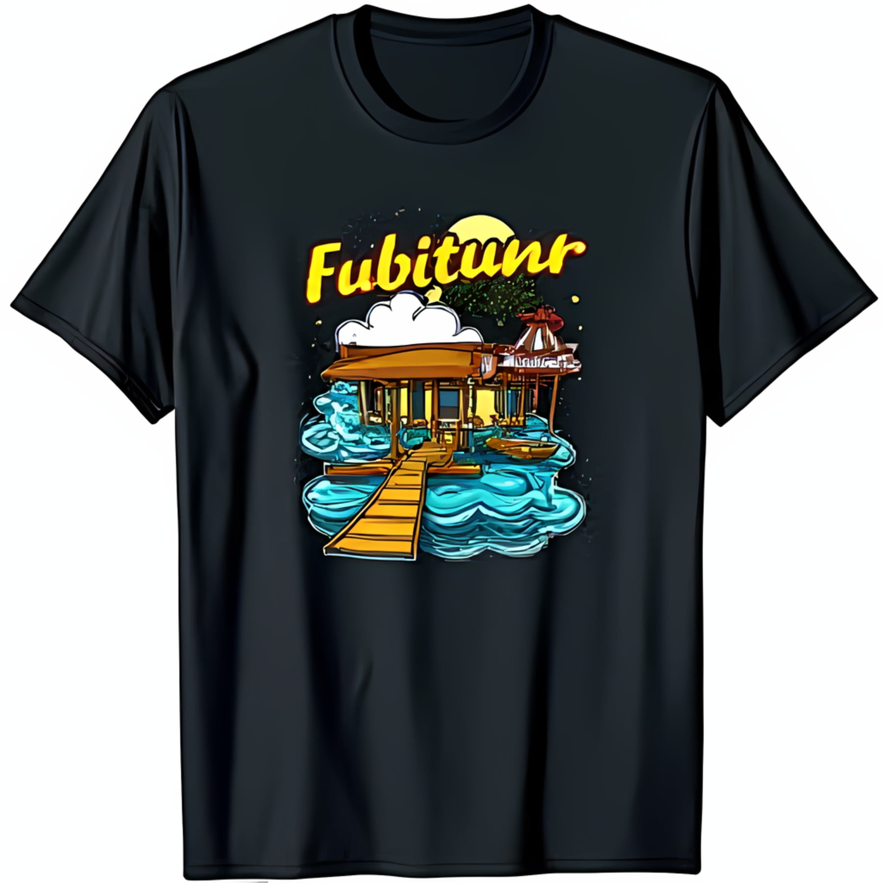 Colorful Cartoon House T-Shirt with Thatched Roof & Yellow Moon Fun ...