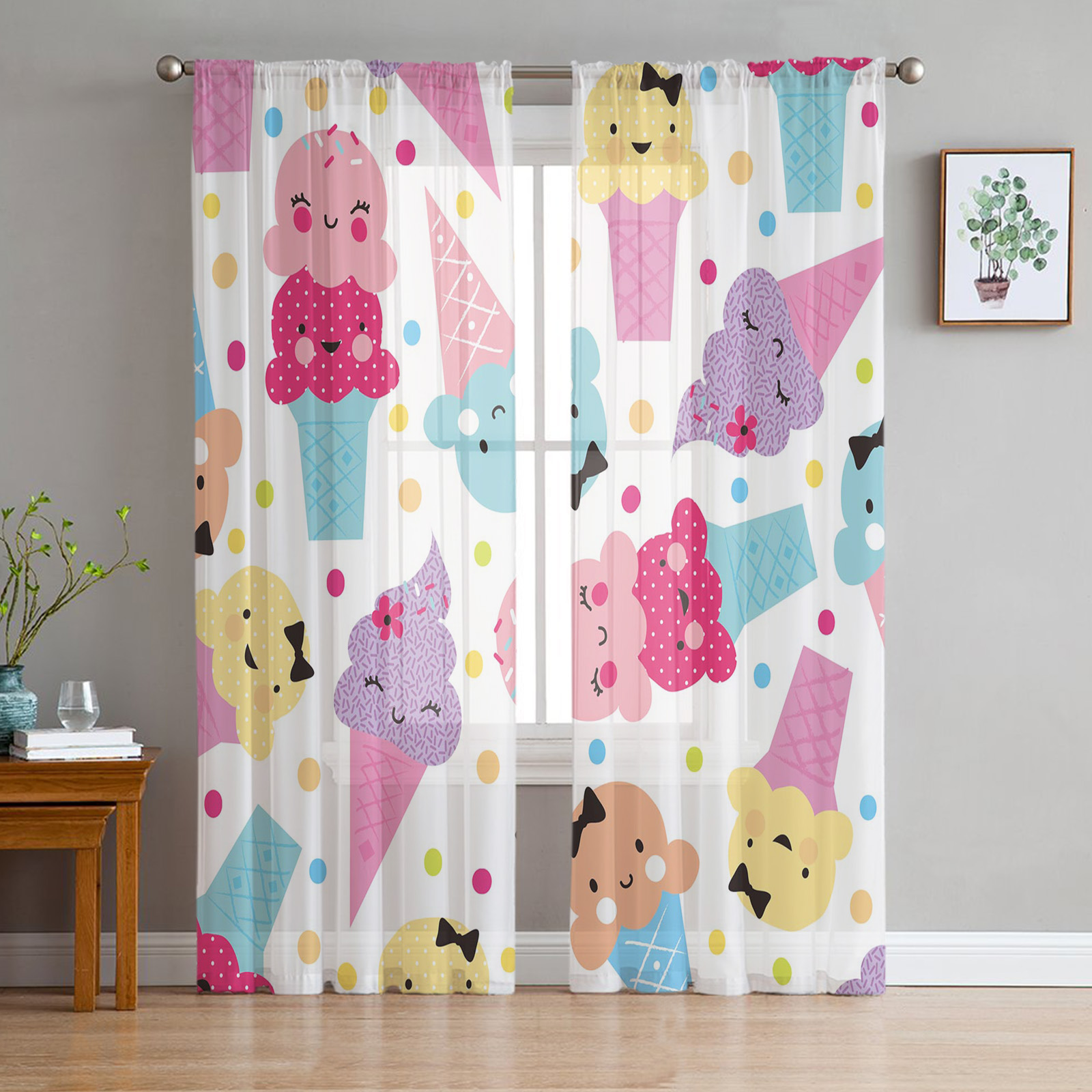 Colorful Cartoon Ice Cream Tulle Sheer Window Curtains for Living Room ...