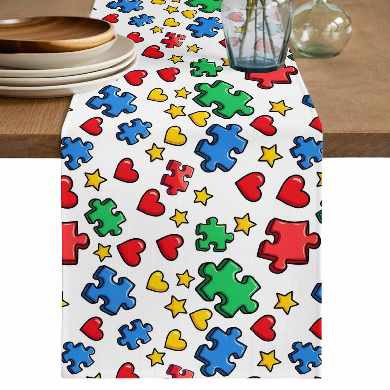 Colorful Cartoon Jigsaw Table Runner 90 Inches Long,Red Green Yellow ...