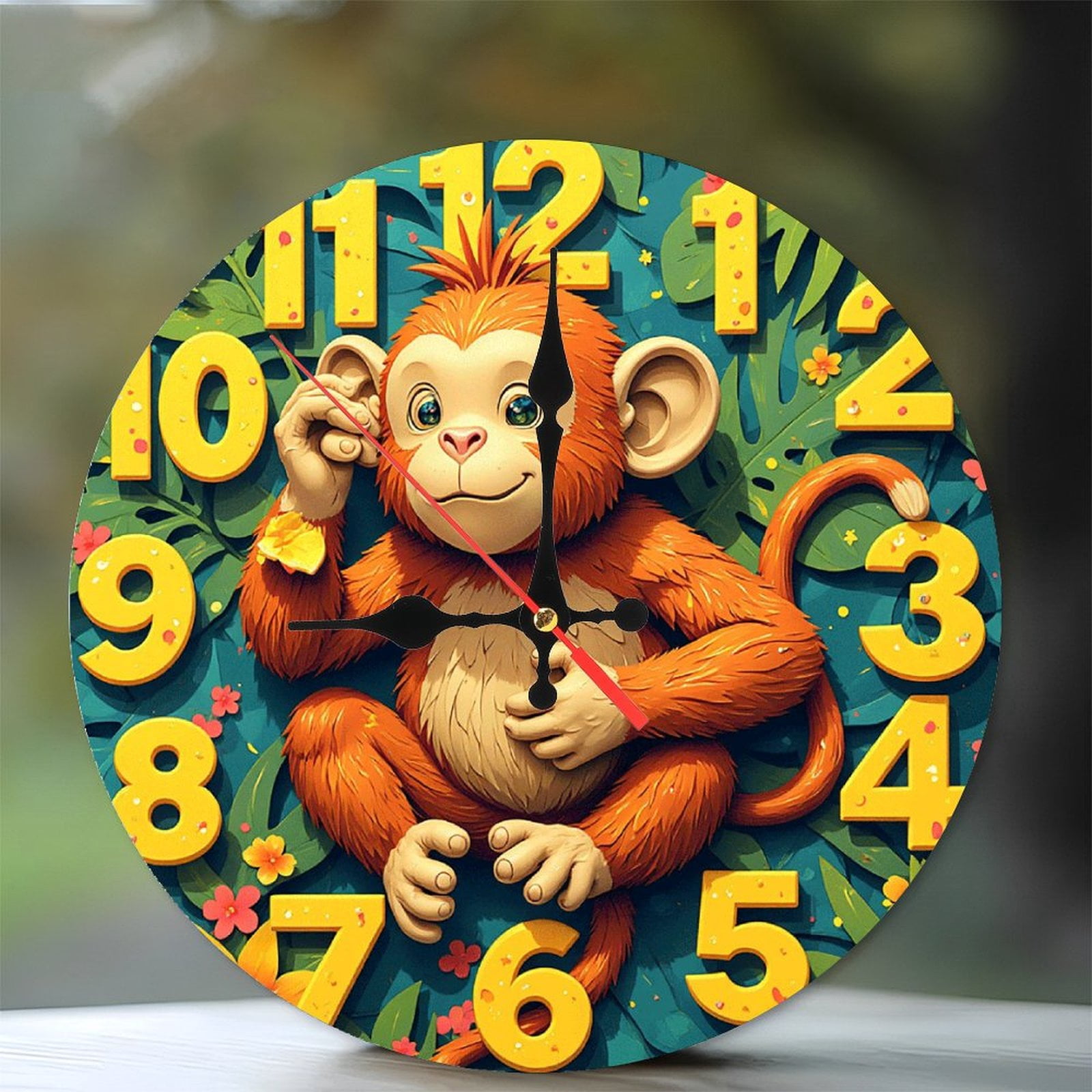 Colorful Cartoon Monkey Wall Clock for Kids Room 10-Inch Silent Wooden ...