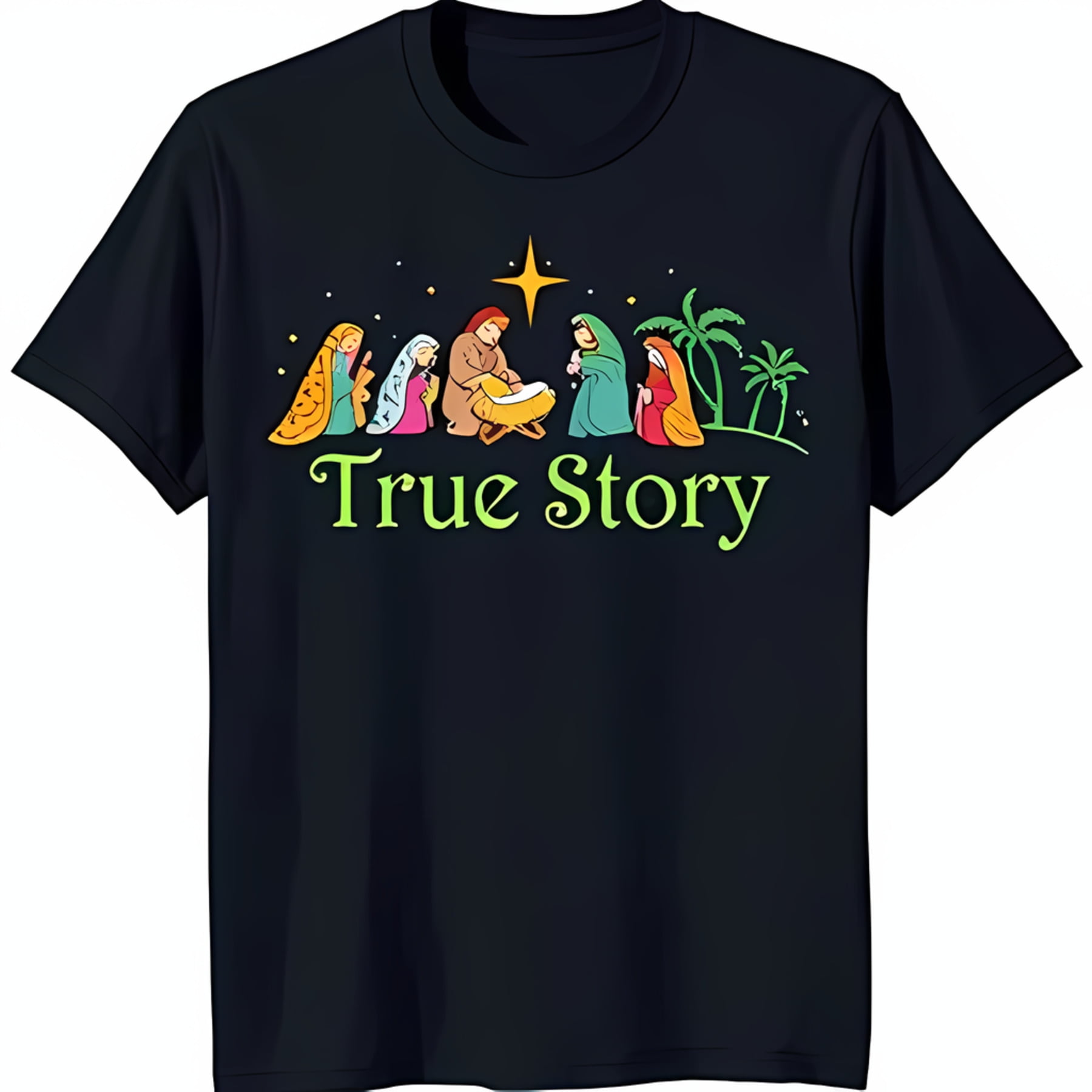 Colorful Cartoon Nativity Scene T-Shirt with 'True Story' Text Fun ...
