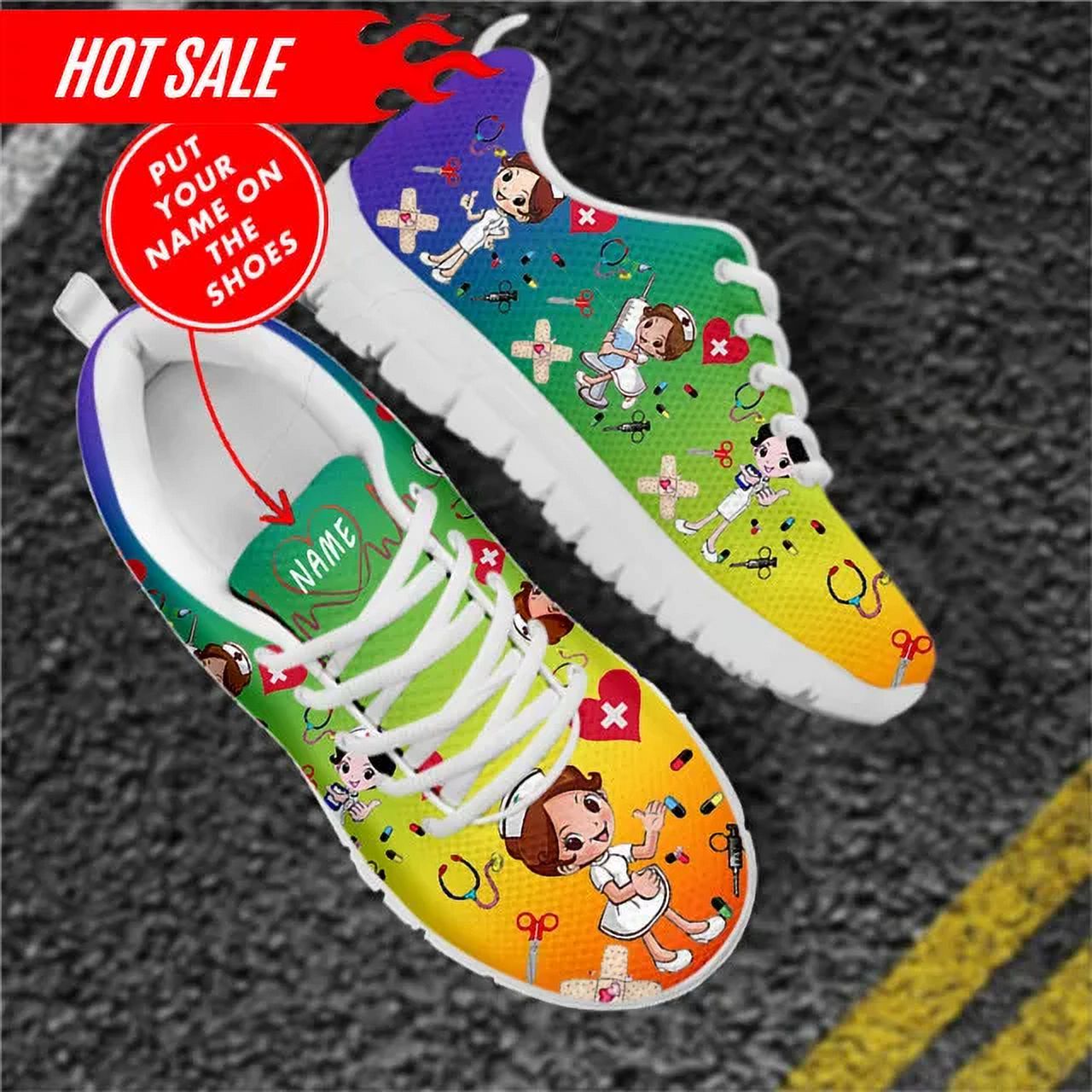 Colorful Cartoon Nurse Sneakers Women's Shoes Custom Name Doctor Print ...