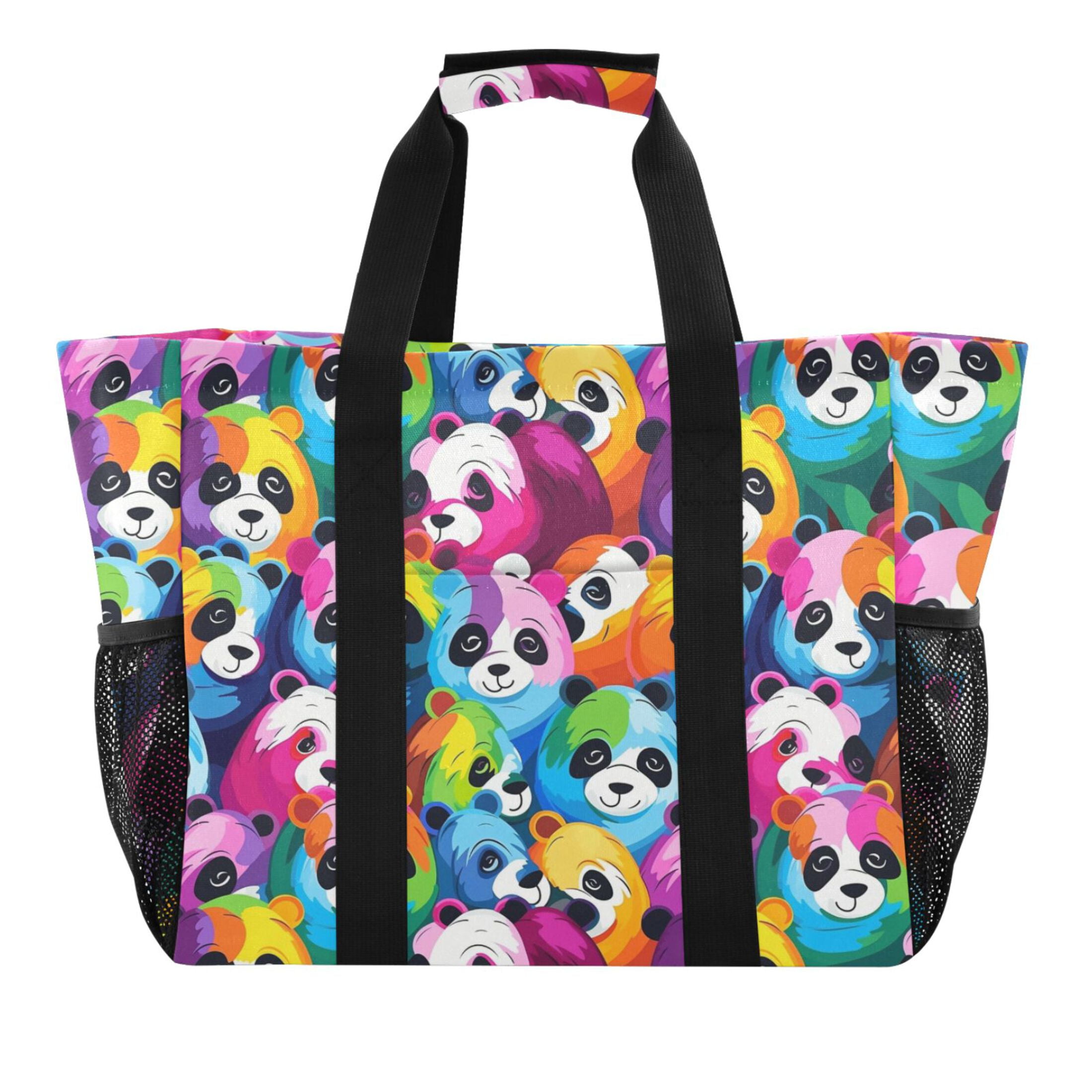 Colorful Cartoon Pandas Reusable Grocery Bags with Handle Side Pocket ...