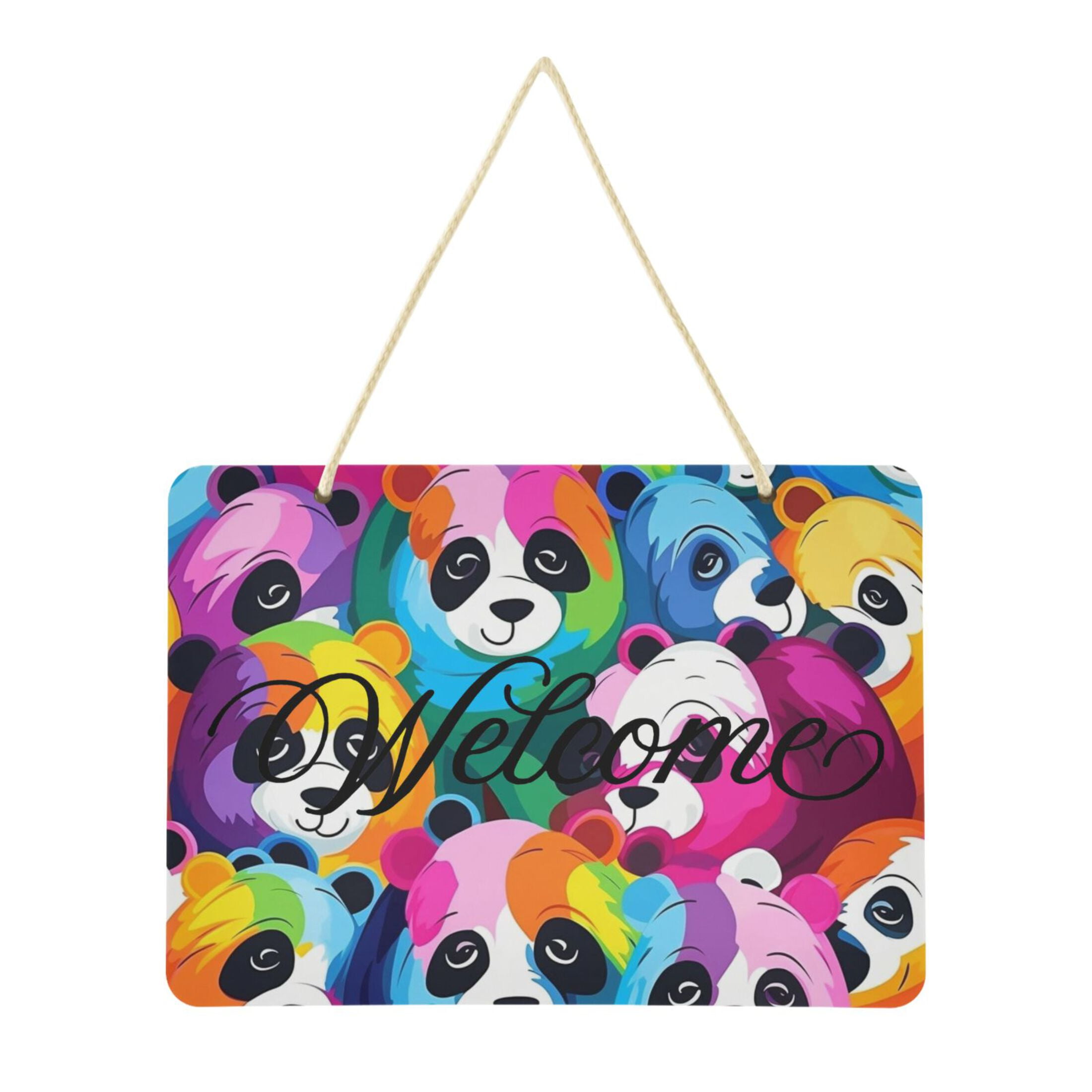 Colorful Cartoon Pandas Welcome Sign Front Door PVC 14x10 inch Hanger ...