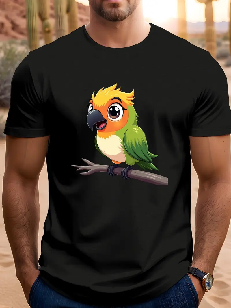 Colorful Cartoon Parrot Graphic Men's T-Shirt - Plus Size Black Crinkle ...