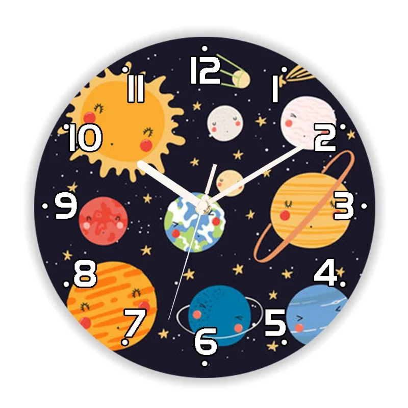 Colorful Cartoon Planets of Solar System Galaxy Universe Wall Clock for ...